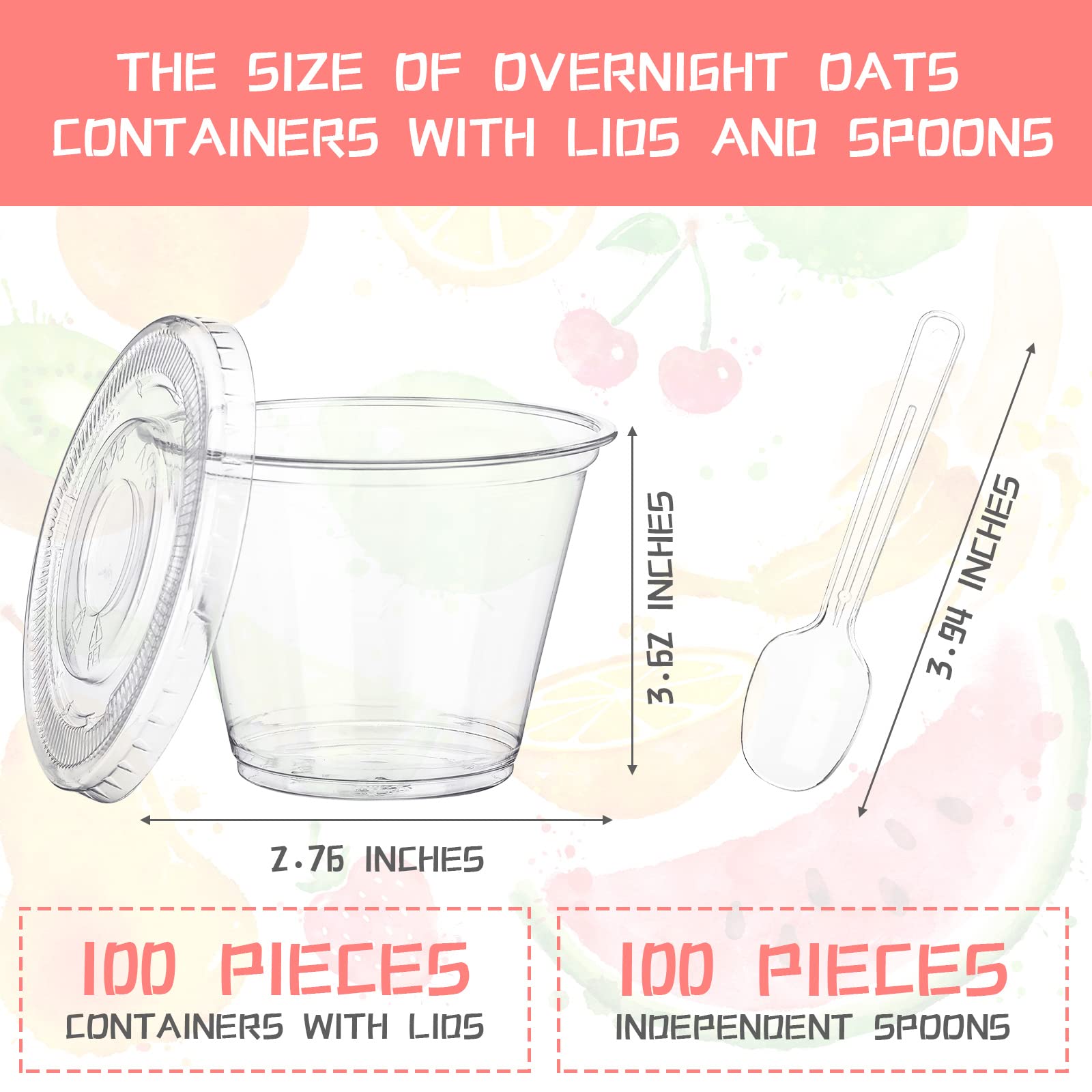 200 Pcs 9 oz Disposable Overnight Oats Jars Container with Lids and Spoons Set, Include 100 Pieces Plastic Yogurt Parfait Cups with Lids and 100 Pcs Spoons for Breakfast Snack Fruit, Veggies and Dips