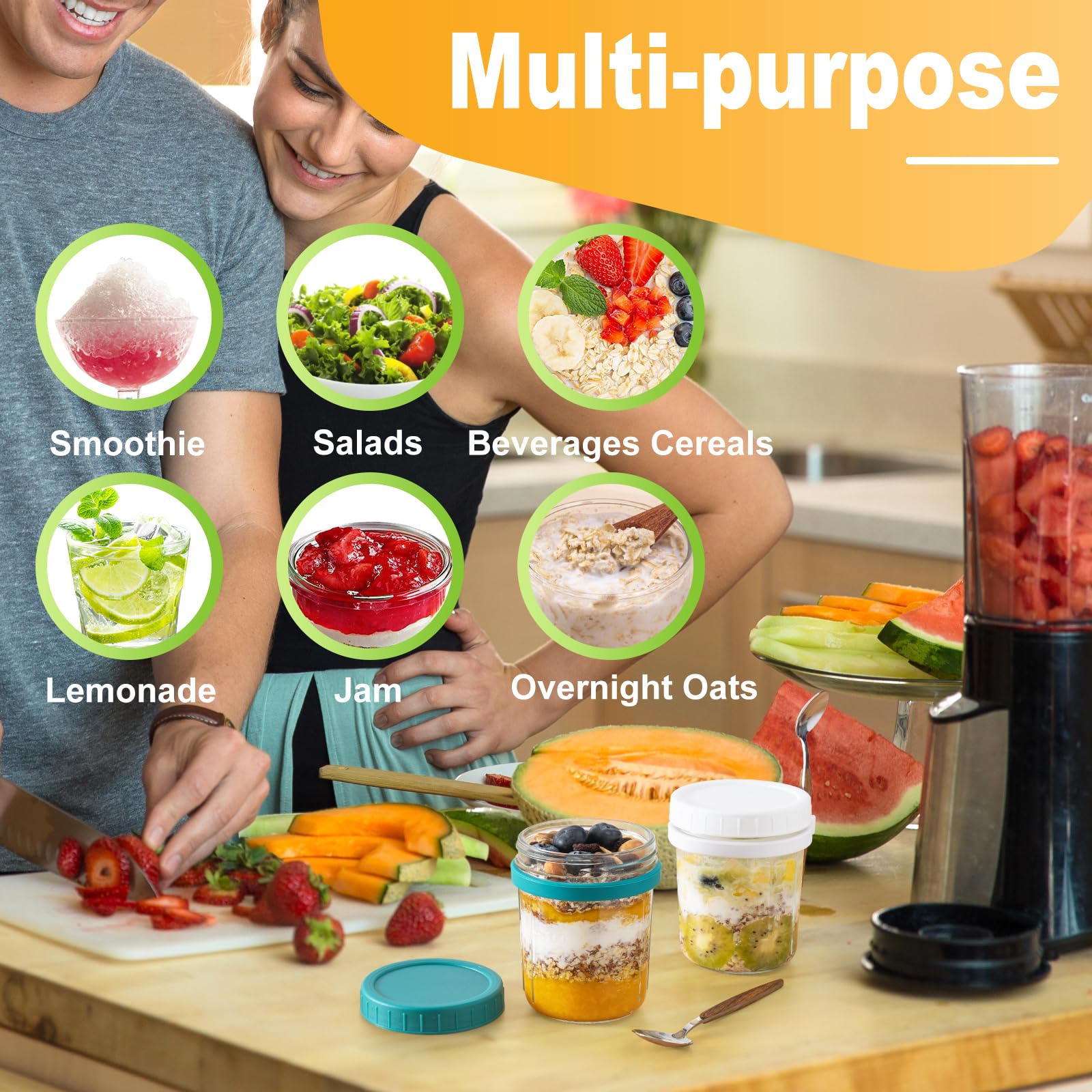 NFFTYUUT 4 Pack Overnight Oats Containers with Lids and Spoons, 12 oz Glass Mason Overnight Oats Jars for Milk, Cereal, Fruit