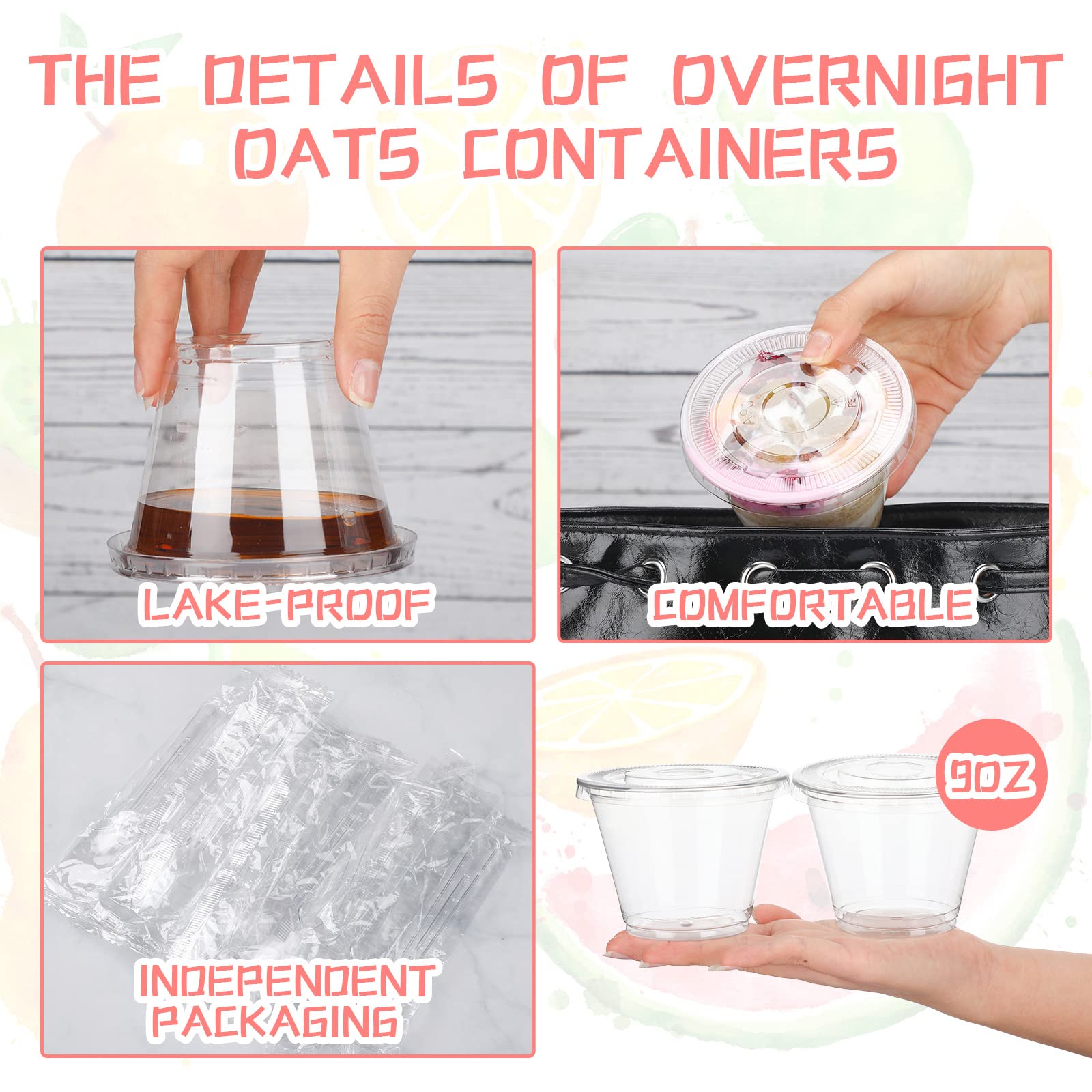 200 Pcs 9 oz Disposable Overnight Oats Jars Container with Lids and Spoons Set, Include 100 Pieces Plastic Yogurt Parfait Cups with Lids and 100 Pcs Spoons for Breakfast Snack Fruit, Veggies and Dips