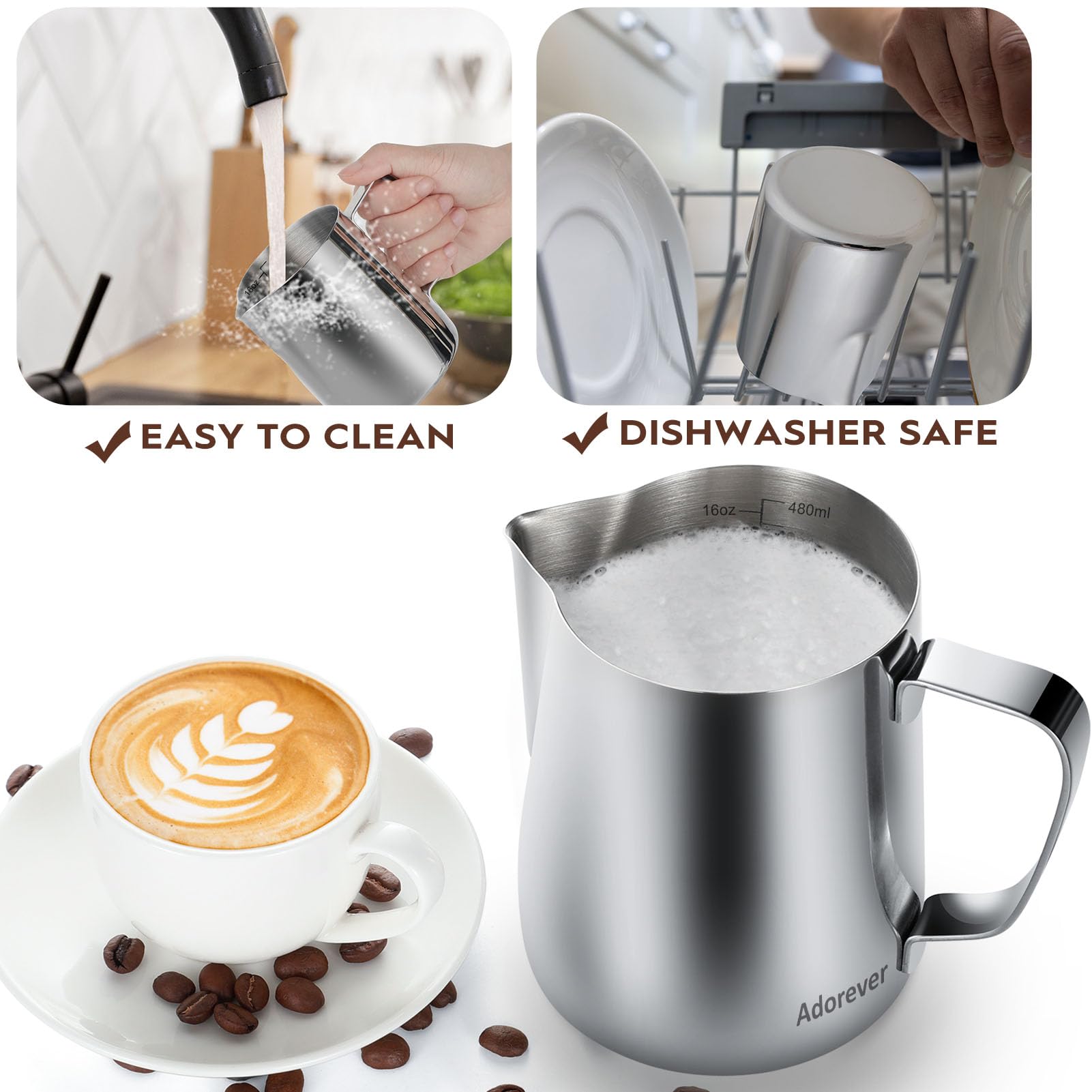 Adorever Milk Frothing Pitcher, 16oz 480ml Milk Frother Cup Stainless Steel Steaming Pitcher, Coffee Bar Cappuccino Espresso Machine Accessories Barista Tools, Steamer Cup Milk Jug with Latte Art Pen