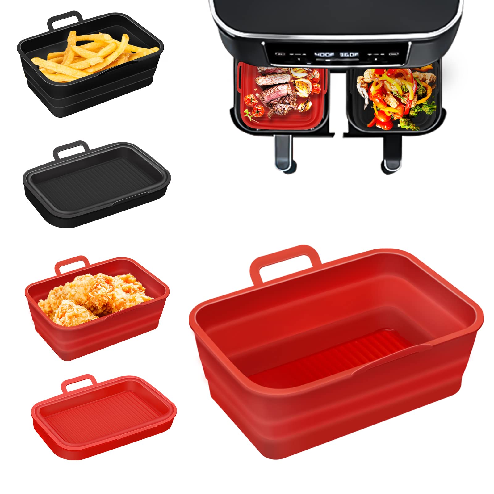 Air Fryer Silicone Pot 2Pcs, 8QT Silicone Air Fryer Liners for Ninja Foodi Dual DZ201 DZ401, Food Safe Reusable Air Fryer Silicone Basket, Foldable Upgrade Design, Easy Cleaning Air Fryer Accessories