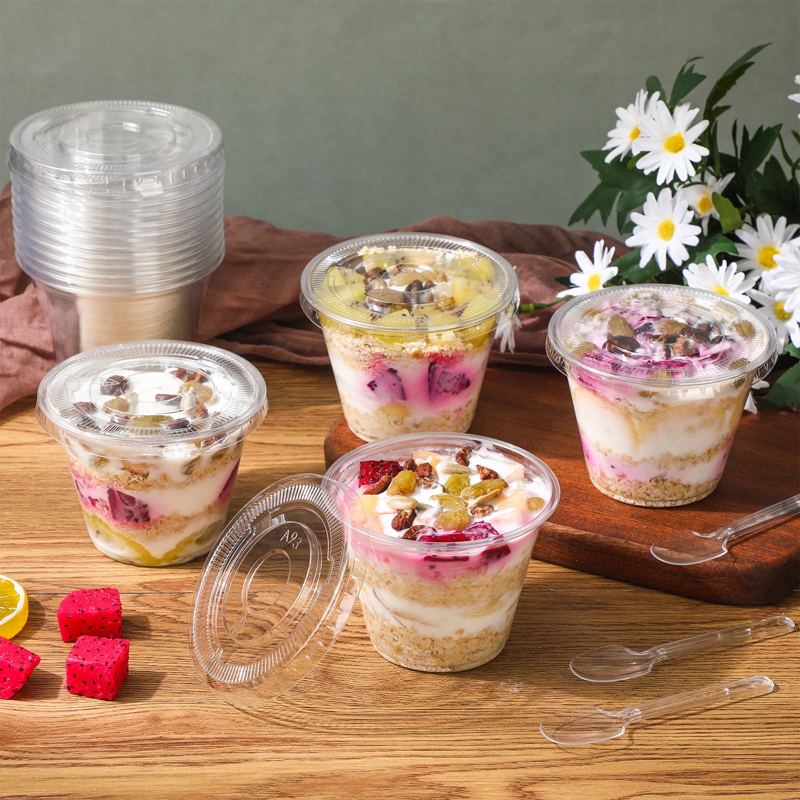 200 Pcs 9 oz Disposable Overnight Oats Jars Container with Lids and Spoons Set, Include 100 Pieces Plastic Yogurt Parfait Cups with Lids and 100 Pcs Spoons for Breakfast Snack Fruit, Veggies and Dips