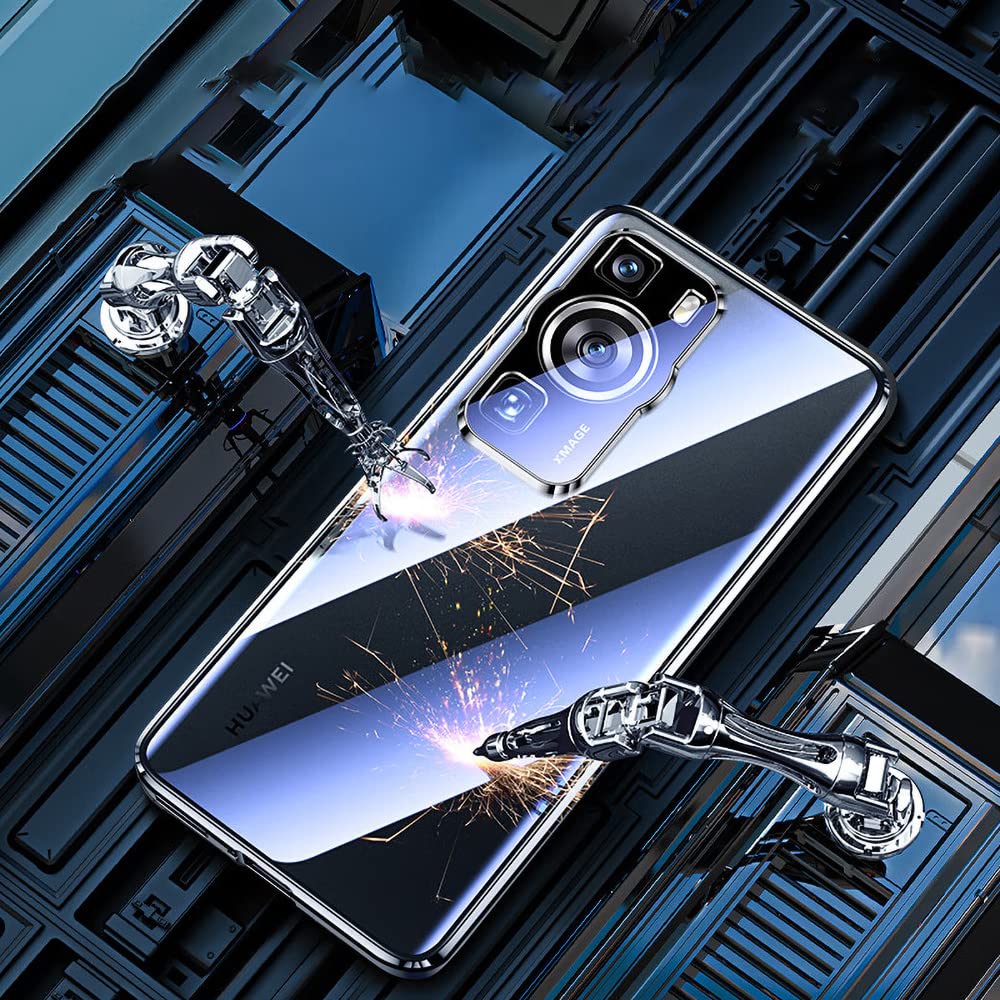QUIETIP Case for Huawei P60 Pro,Magnetic Body Metal Frame Double Sided Clear Tempered Glass Shockproof with Camera Protection Cover Thin,Silver