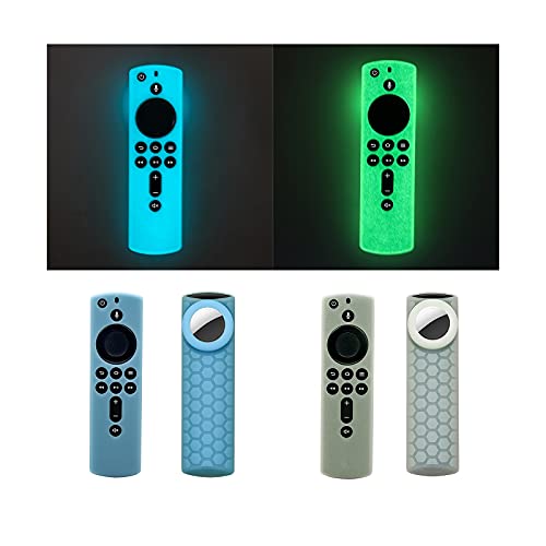 [2 Pack] Fir-Stick Remote Cover Case with Airtag Holder (Glow in The Dark) Compatible with Fir TV Stick 4K,Tracker Cover for Tile Sticker 2020 and Airtag 2021 (Green & Sky Blue)