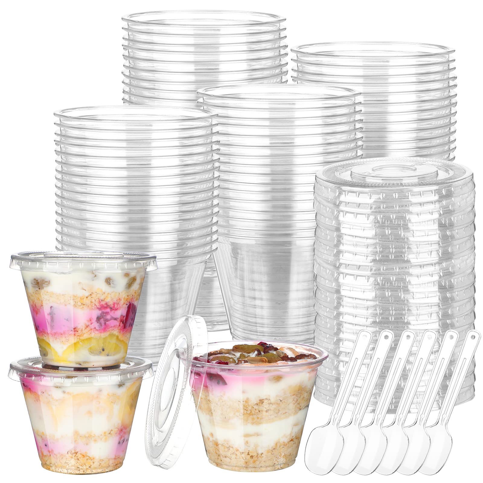 200 Pcs 9 oz Disposable Overnight Oats Jars Container with Lids and Spoons Set, Include 100 Pieces Plastic Yogurt Parfait Cups with Lids and 100 Pcs Spoons for Breakfast Snack Fruit, Veggies and Dips