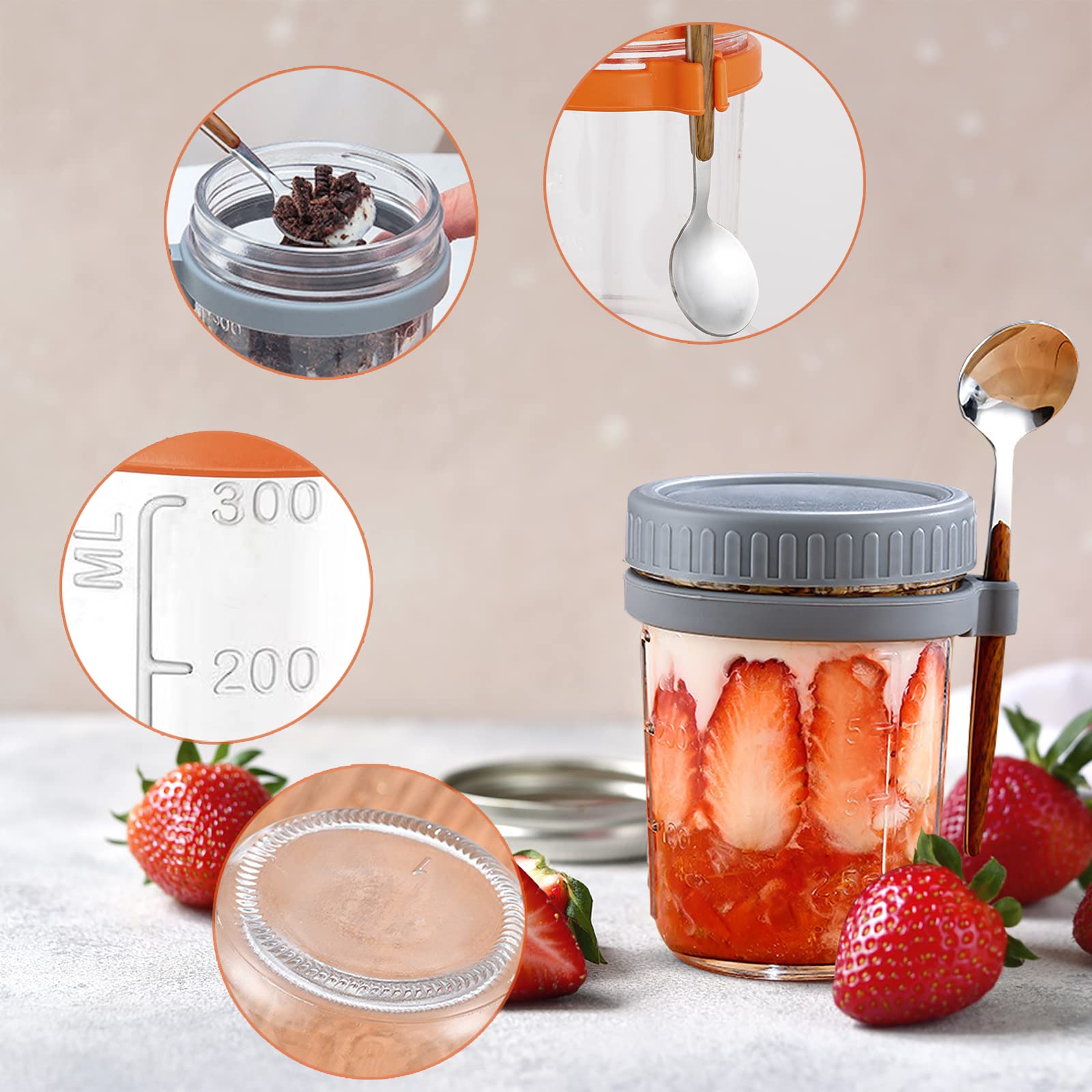 JIIKOOAI 4 Pack Overnight Oats Containers with Lid and Spoon, 16 oz Glass Overnight Oats Jars, Fruit Container, Salad Cup, Yogurt Cup for Milk Cereals Fruit Cereals