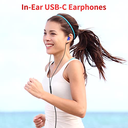 HoneyAKE USB Type C Headphone Earbuds Earphones with Microphone (Mic) in-Ear Wired Volume Control for Samsung Galaxy S8 Google Pixel 2 XL OnePlus 5 5T 3T, Over Ear Buds for Kids Women Small Ears Blue
