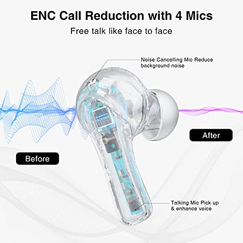 Padmate Bluetooth Headphones True Wireless Earbuds with 4 Mics CVC8.0 Noise Cancelling Earphones with Charging Case in-Ear Headset Touch Control Sport TWS 30H Playback Waterproof IPX6 Pamu T6C White