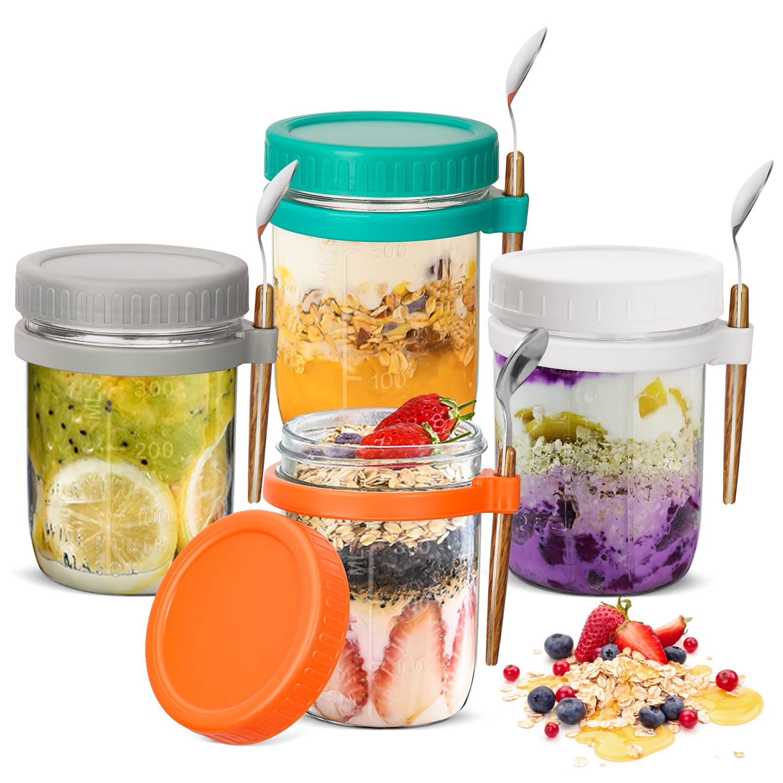 JIIKOOAI 4 Pack Overnight Oats Containers with Lid and Spoon, 16 oz Glass Overnight Oats Jars, Fruit Container, Salad Cup, Yogurt Cup for Milk Cereals Fruit Cereals
