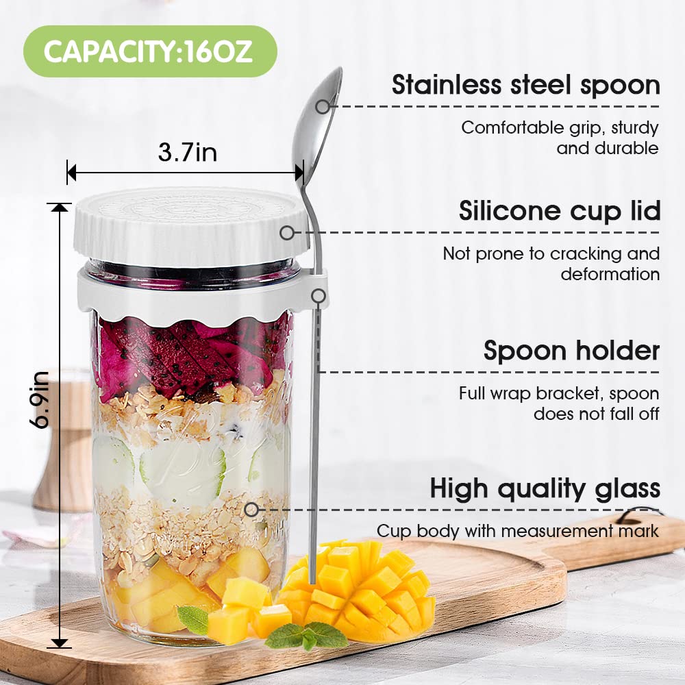 Overnight Oats Jars Containers with Silicone Lid and Spoon 16 oz,for Oats Yogurt,Milk,Fruit,breakfast,Leak-Proof Reusable Portable with Measurement Marks Food Storage Container-2 White