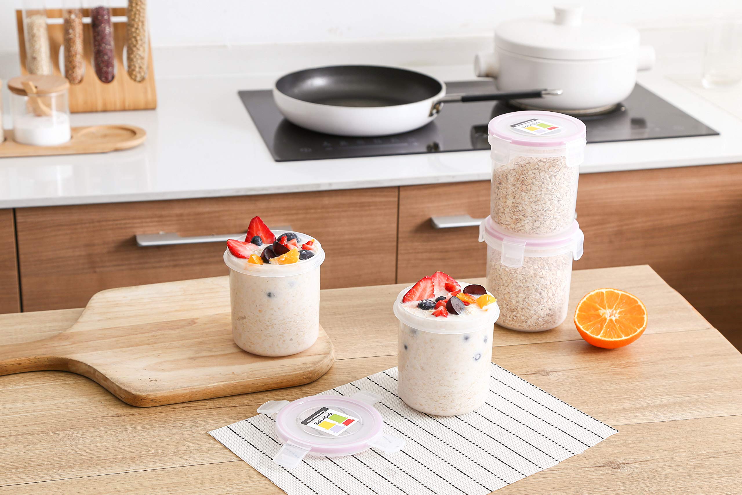 Komax Biokips Overnight Oats Containers with Lids Set of 4 β Round Airtight Food Storage Containers for Oatmeal, Cereal, Milk & More β BPA-Free Meal Prep Container Set w/Locking Lids (18.6 oz)