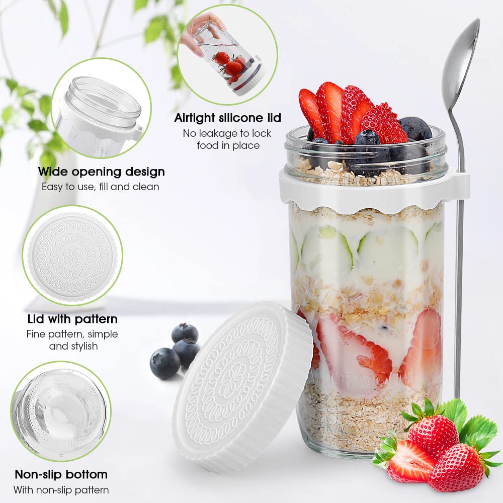 Overnight Oats Jars Containers with Silicone Lid and Spoon 16 oz,for Oats Yogurt,Milk,Fruit,breakfast,Leak-Proof Reusable Portable with Measurement Marks Food Storage Container-2 White
