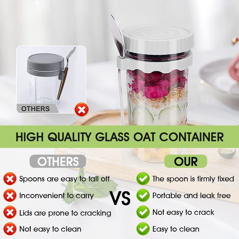 Overnight Oats Jars Containers with Silicone Lid and Spoon 16 oz,for Oats Yogurt,Milk,Fruit,breakfast,Leak-Proof Reusable Portable with Measurement Marks Food Storage Container-2 White