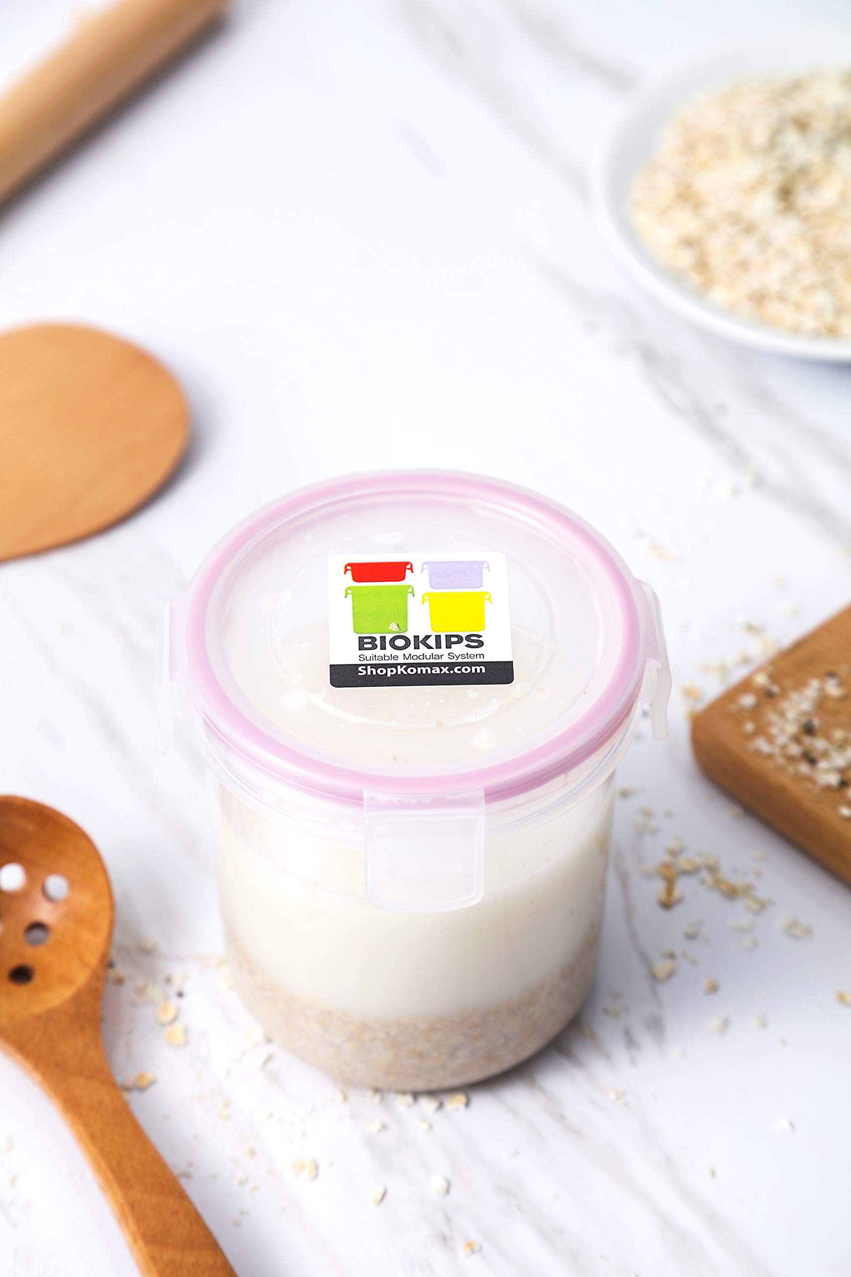 Komax Biokips Overnight Oats Containers with Lids Set of 4 β Round Airtight Food Storage Containers for Oatmeal, Cereal, Milk & More β BPA-Free Meal Prep Container Set w/Locking Lids (18.6 oz)