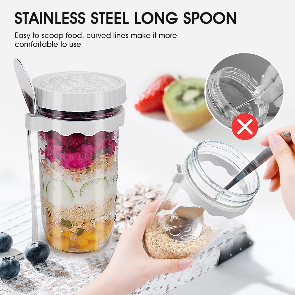 Overnight Oats Jars Containers with Silicone Lid and Spoon 16 oz,for Oats Yogurt,Milk,Fruit,breakfast,Leak-Proof Reusable Portable with Measurement Marks Food Storage Container-2 White