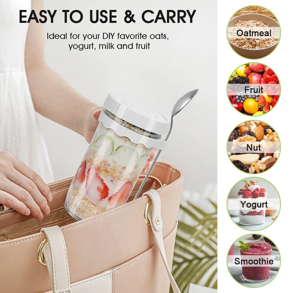 Overnight Oats Jars Containers with Silicone Lid and Spoon 16 oz,for Oats Yogurt,Milk,Fruit,breakfast,Leak-Proof Reusable Portable with Measurement Marks Food Storage Container-2 White
