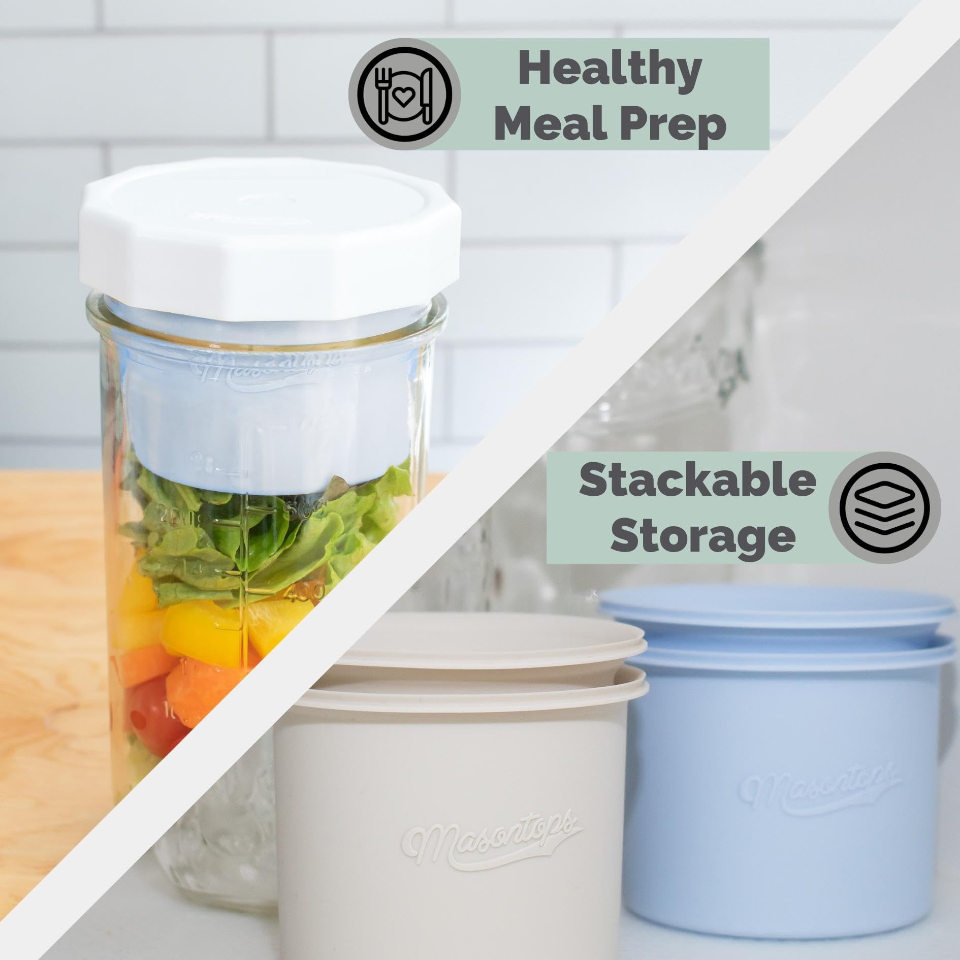 Masontops Snack Stack - Mason Jar Divider Overnight Oats Jars Salad Jars For Wide-Mouth Mason Jars for Overnight Oats Oatmeal Container, Storage Container, Salad Jars Insert For Meal Prep To Go