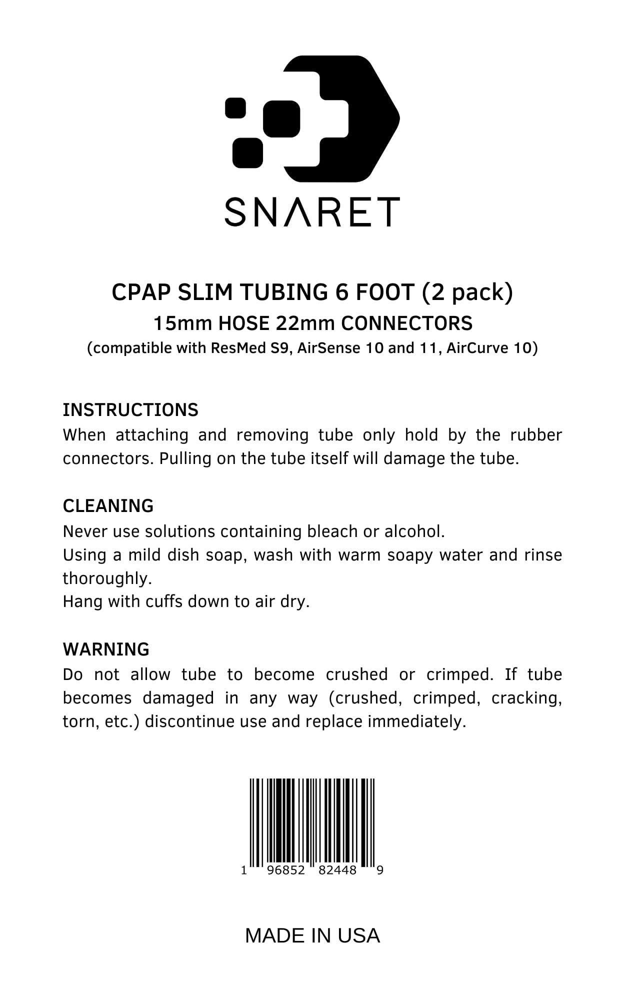 Premium Made in USA - SLIM CPAP Hose 6 Foot Tube (2 Pack) Compatible with Slim Line Tubing by Snaret