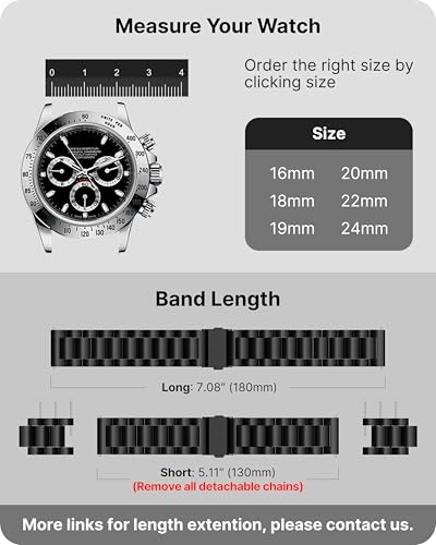 Fullmosa 16mm Stainless Steel Watch band, Quick Release Link Watch Strap Bracelet Replacement Wristband for Men Women, Black