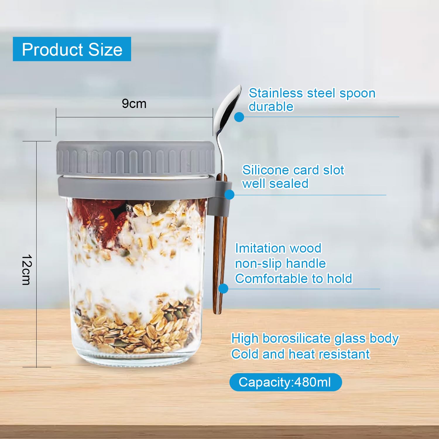 Mason Jar Oameal Container, Overnight Oats Jar With Lid And Spoon, Food Containers/Jars/Canning (Grey)