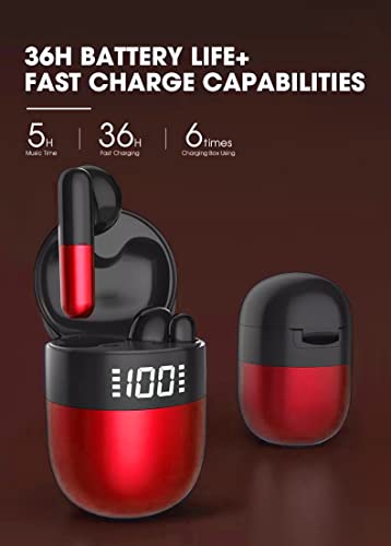 Acuvar in-Ear Wireless Bluetooth 5.2 Headphones, Earbuds with Microphone Compact Rechargeable USB C Smart LED Case for Smartphones Android iOS (Red)
