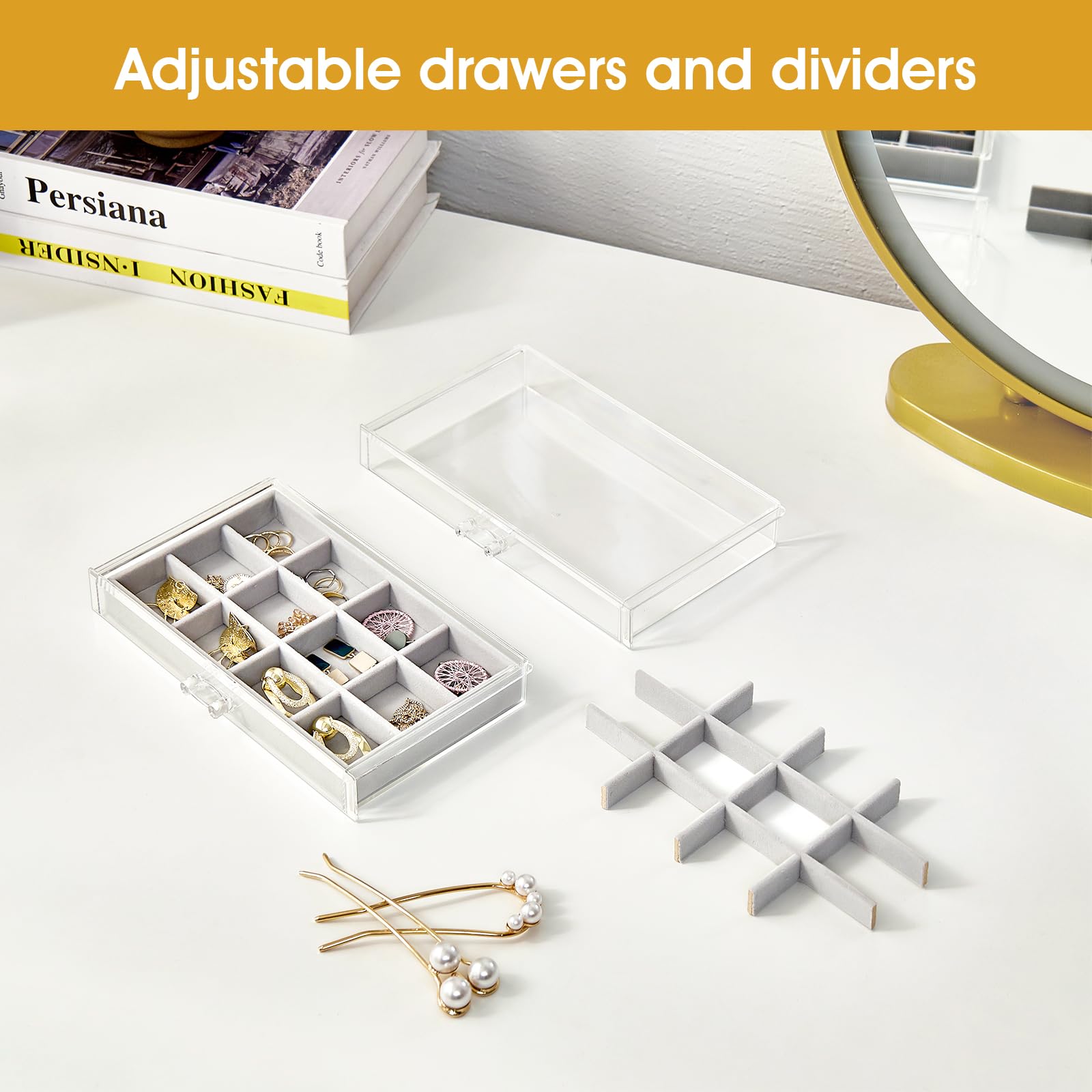 ProCase Earring Holder Organizer Jewelry Box with 3 Drawers, Acrylic Clear Earring Case with Adjustable Velvet Trays for Women - Grey, 3 Layers
