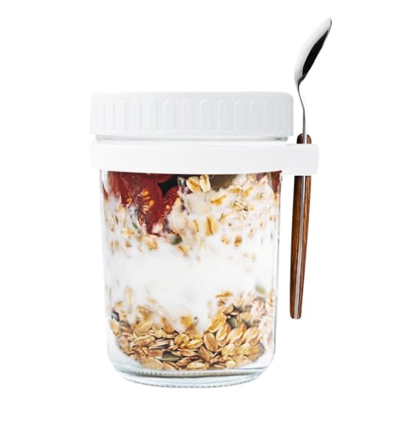 Mason Jar Oameal Container, Overnight Oats Jar With Lid And Spoon, Food Containers/Jars/Canning (Grey)