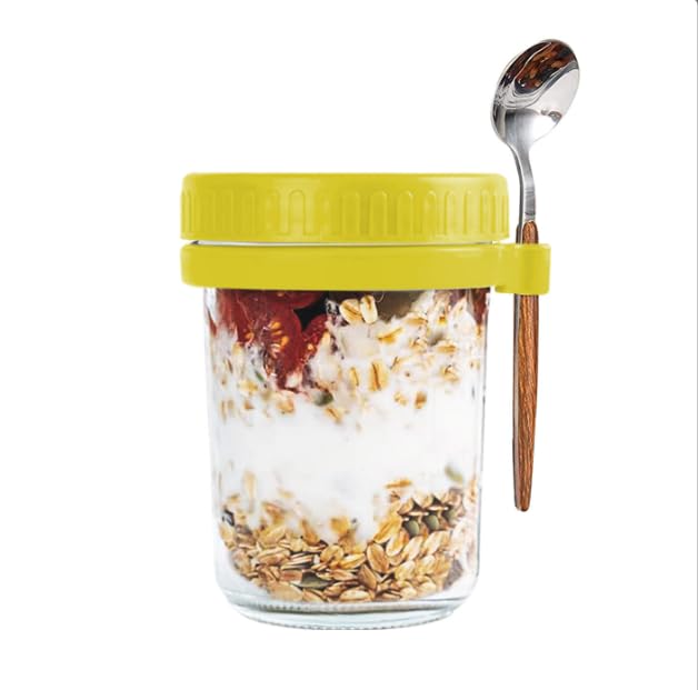 Mason Jar Oameal Container, Overnight Oats Jar With Lid And Spoon, Food Containers/Jars/Canning (Grey)
