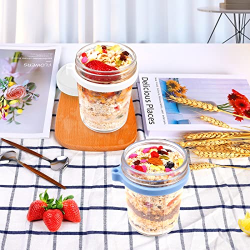 Overnight Oats Containers with Lids and Spoon, Wide Mouth Mason Jars 16 Oz Overnight Oats Jars with Measure Mark, 2 Pack Oatmeal Container Glass Mason Jars for Overnight Oats Salad Yogurt (White/Blue)