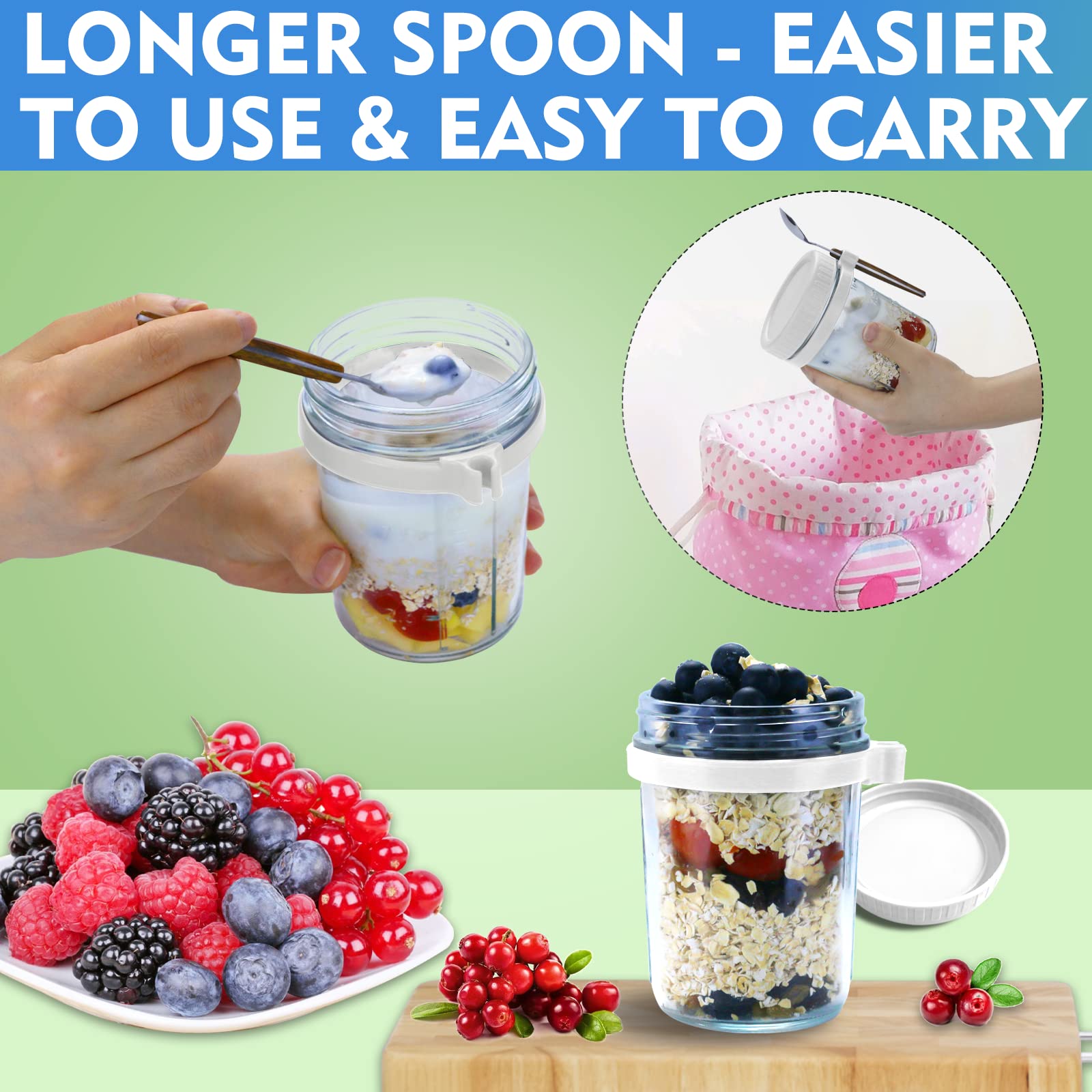 Overnight Oats Containers with Lids and Spoons, 2 Pack Overnight Oats Jars 12 oz Reusable Large Capacity Airtight Oatmeal Container with Measurement Marks for Cereal Yogurt, Milk, Salads, Fruit(White)