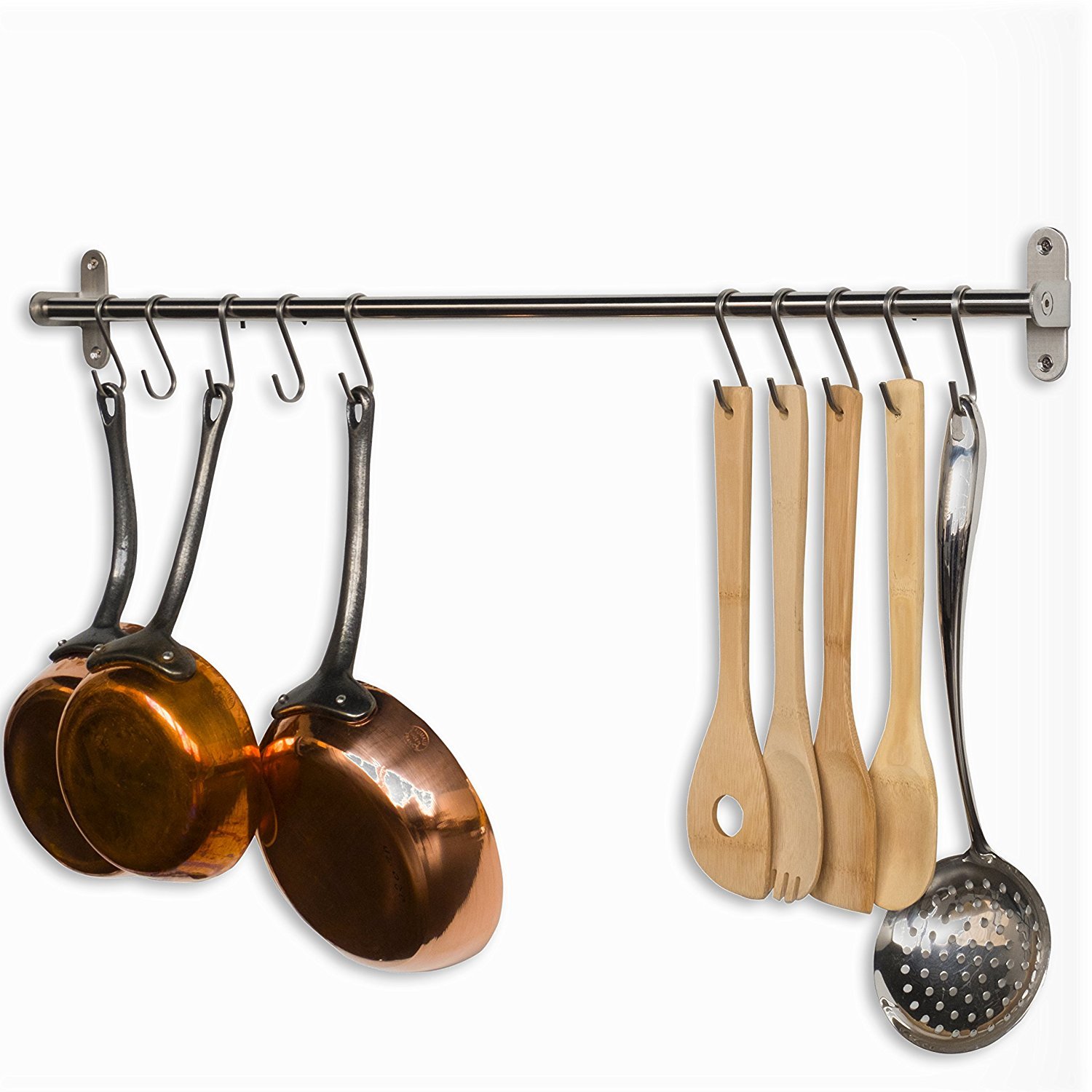 Premium Chefmate Stainless Steel Gourmet Kitchen 31.5 Inch Wall Mount Rail and 10 S Hooks Set Utensil Pot Pan Lid Rack Storage Organizer , Silver