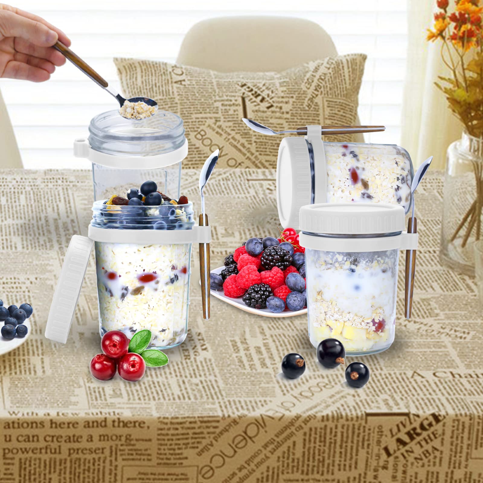Overnight Oats Containers with Lids and Spoons, 2 Pack Overnight Oats Jars 12 oz Reusable Large Capacity Airtight Oatmeal Container with Measurement Marks for Cereal Yogurt, Milk, Salads, Fruit(White)