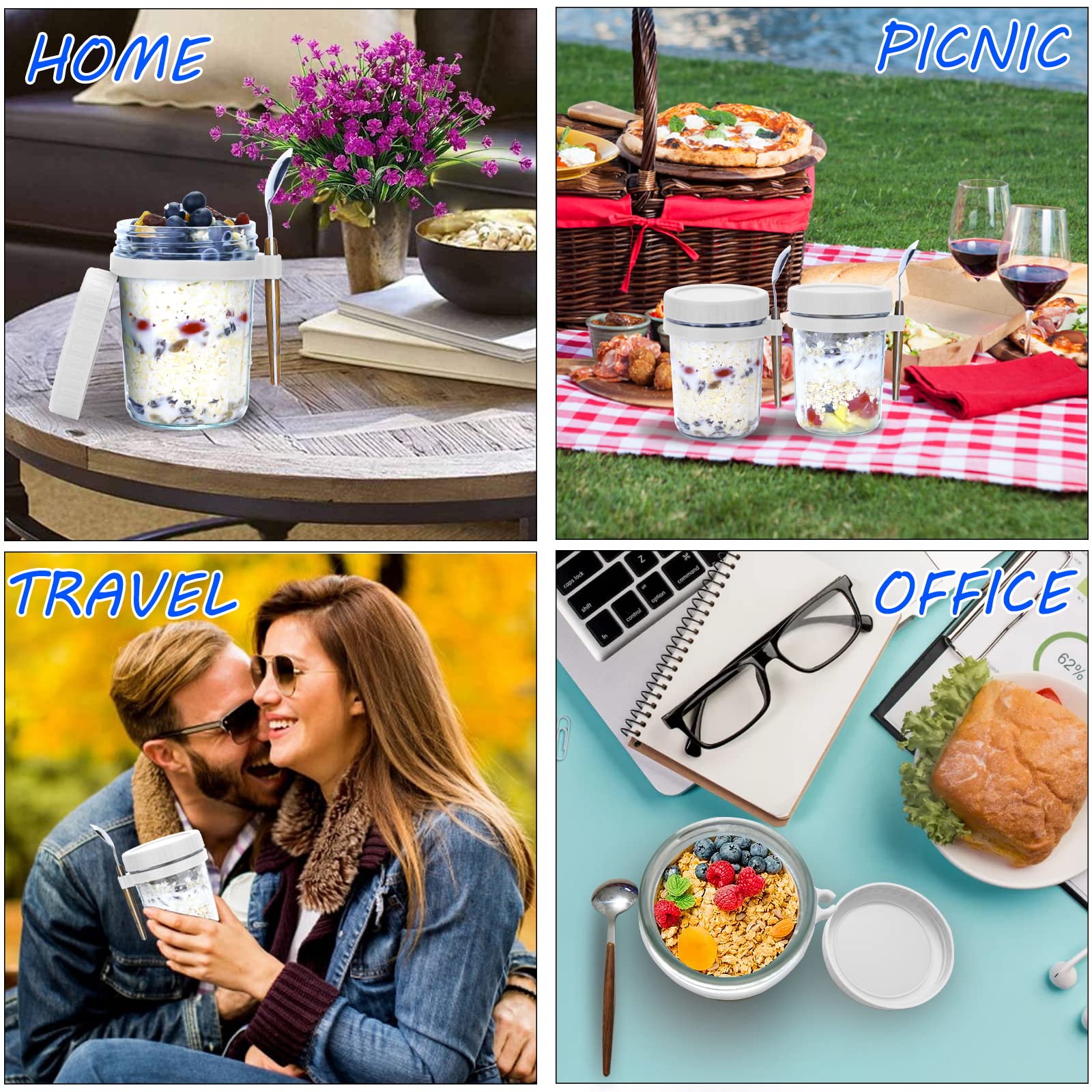 Overnight Oats Containers with Lids and Spoons, 2 Pack Overnight Oats Jars 12 oz Reusable Large Capacity Airtight Oatmeal Container with Measurement Marks for Cereal Yogurt, Milk, Salads, Fruit(White)