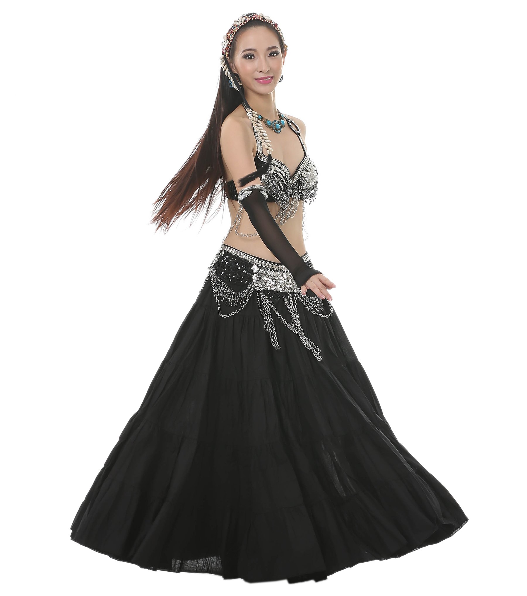 Astage Woman Belly Dance Full Circle Maxi Trible Skirts Linen Bohe Dress Black