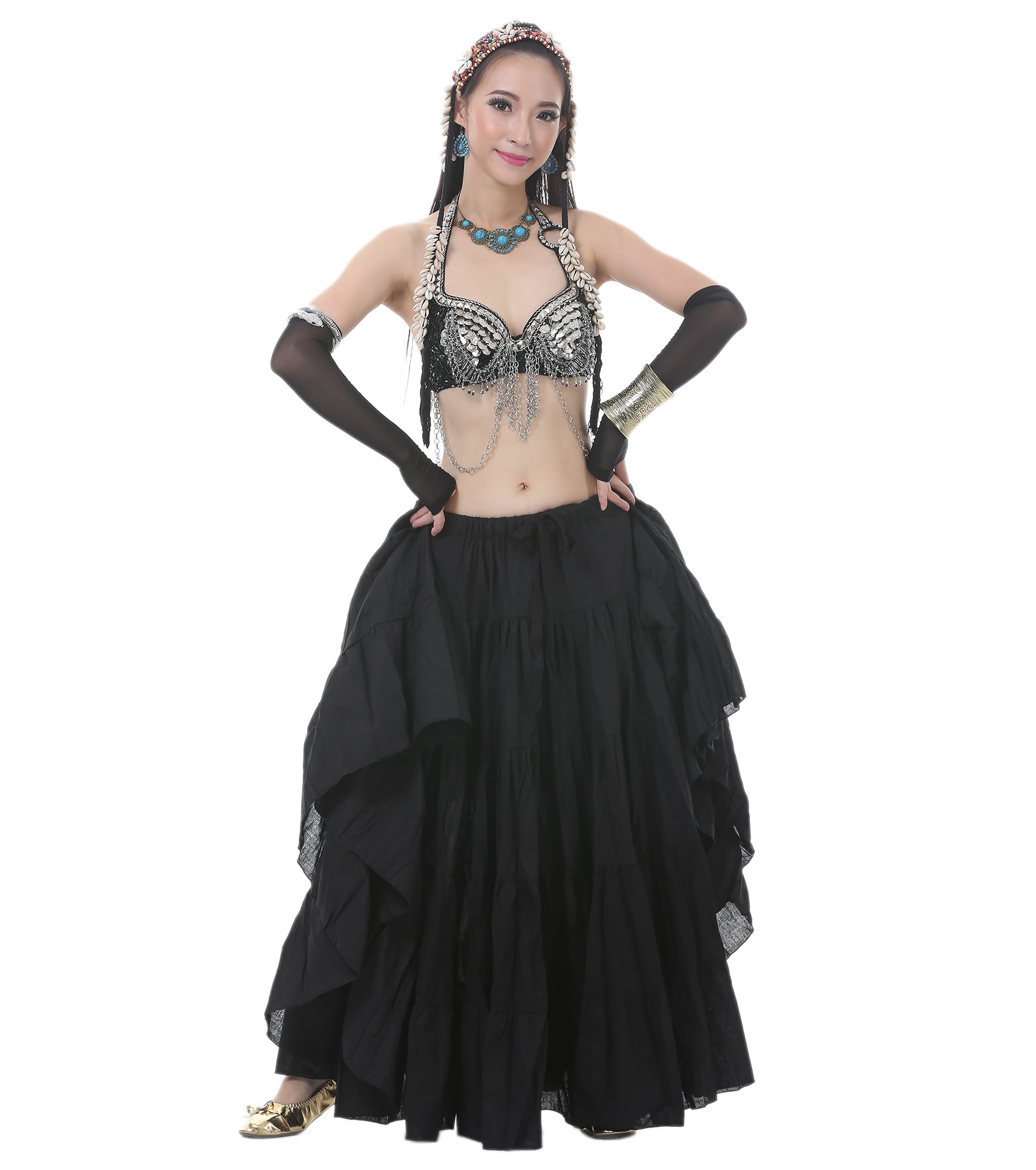 Astage Woman Belly Dance Full Circle Maxi Trible Skirts Linen Bohe Dress Black