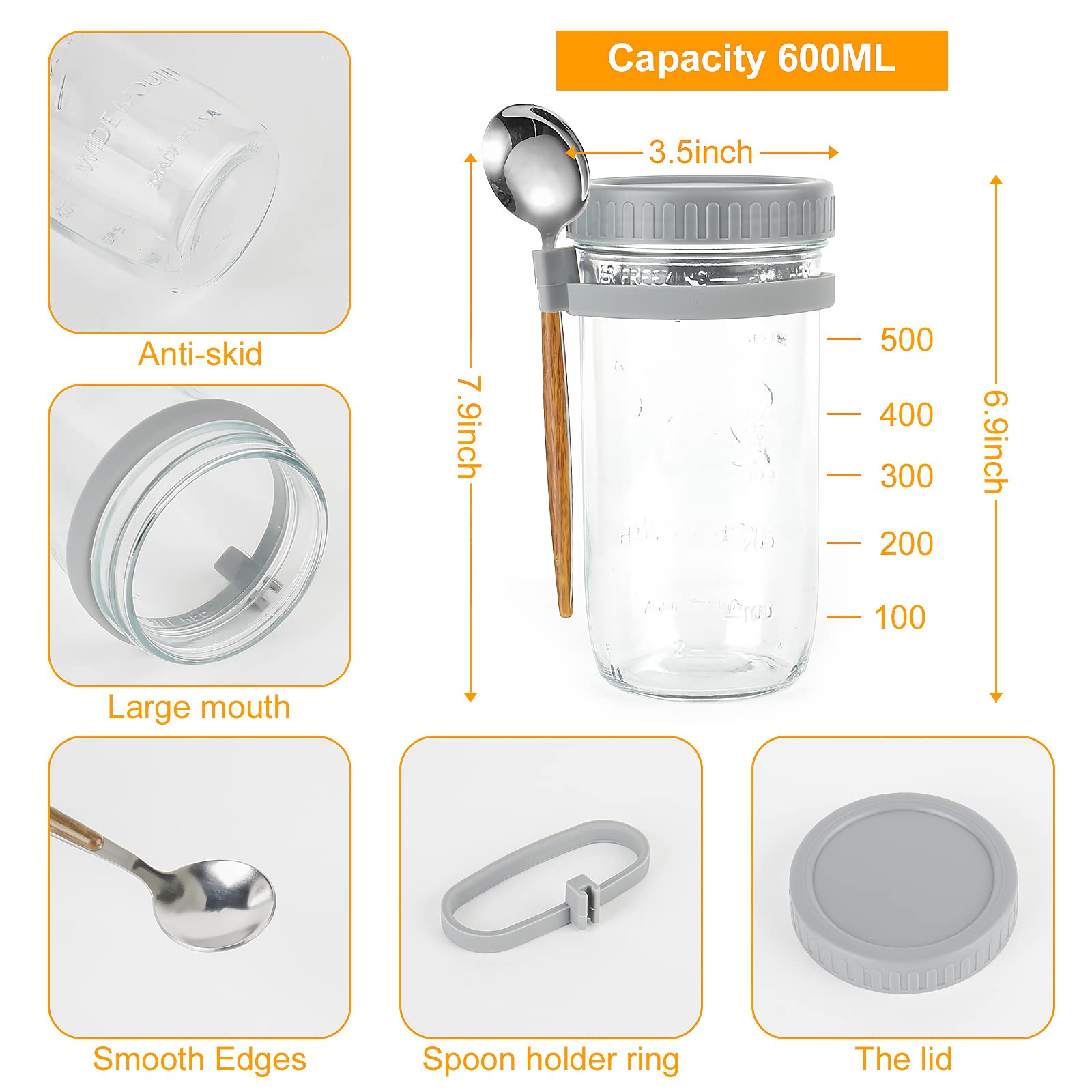 Overnight Oats Containers With Lids And Spoons, 2 Pack Mason Jars For Overnight Oats, 21oz Leak-Proof Glass Overnight Oats Container Breakfast Yogurt Meal Prep Container Fruit Salad Parfait Cups