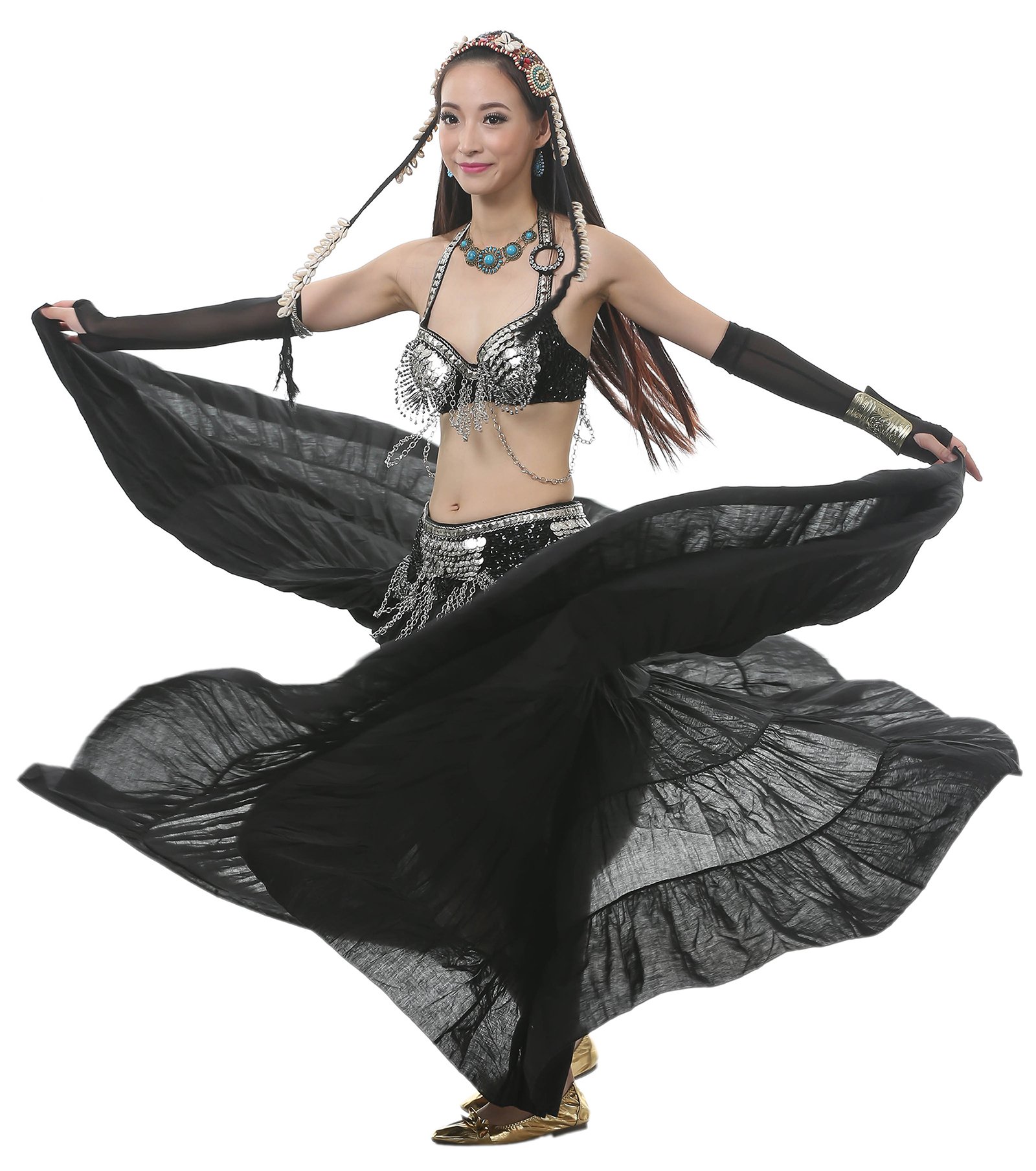 Astage Woman Belly Dance Full Circle Maxi Trible Skirts Linen Bohe Dress Black