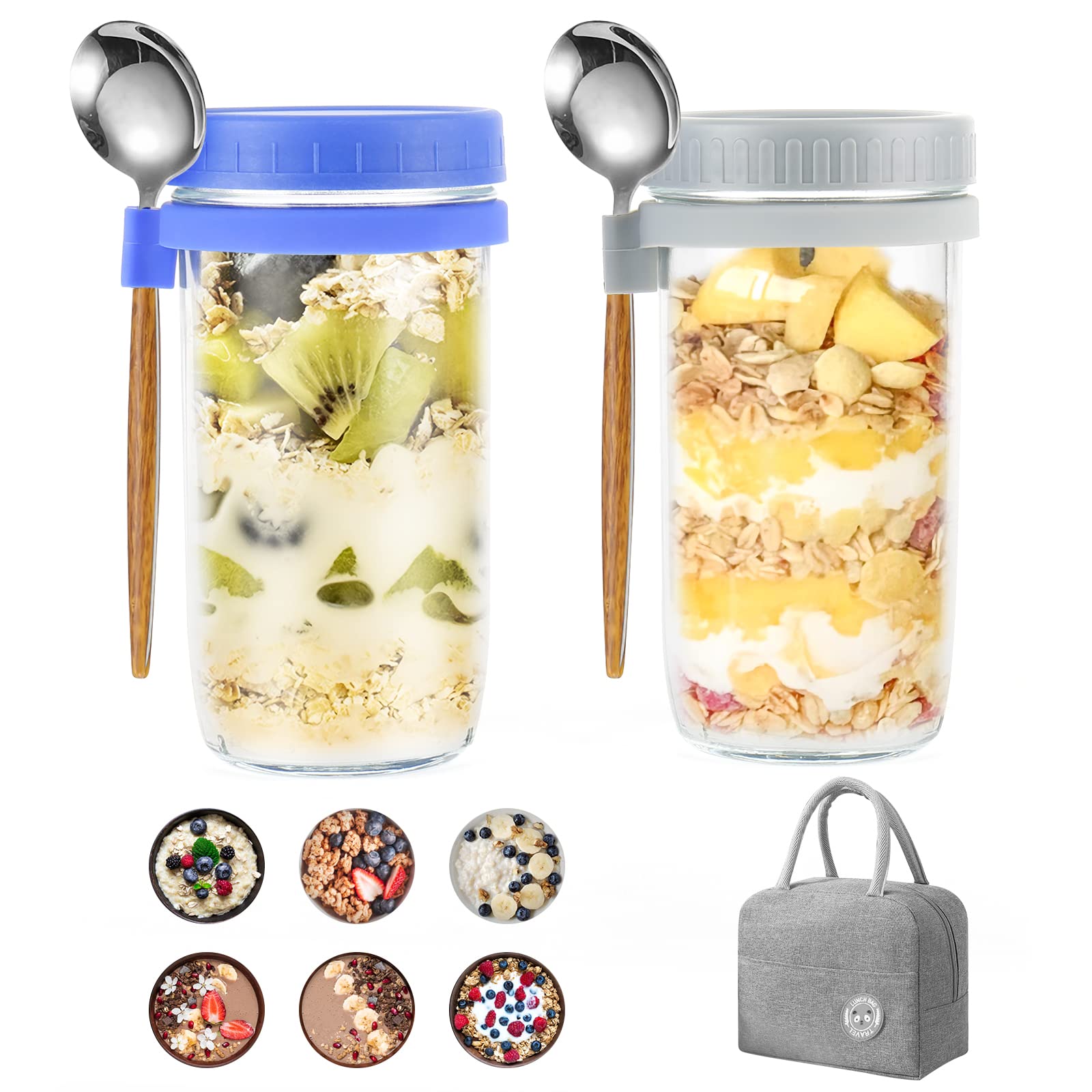 Overnight Oats Containers With Lids And Spoons, 2 Pack Mason Jars For Overnight Oats, 21oz Leak-Proof Glass Overnight Oats Container Breakfast Yogurt Meal Prep Container Fruit Salad Parfait Cups