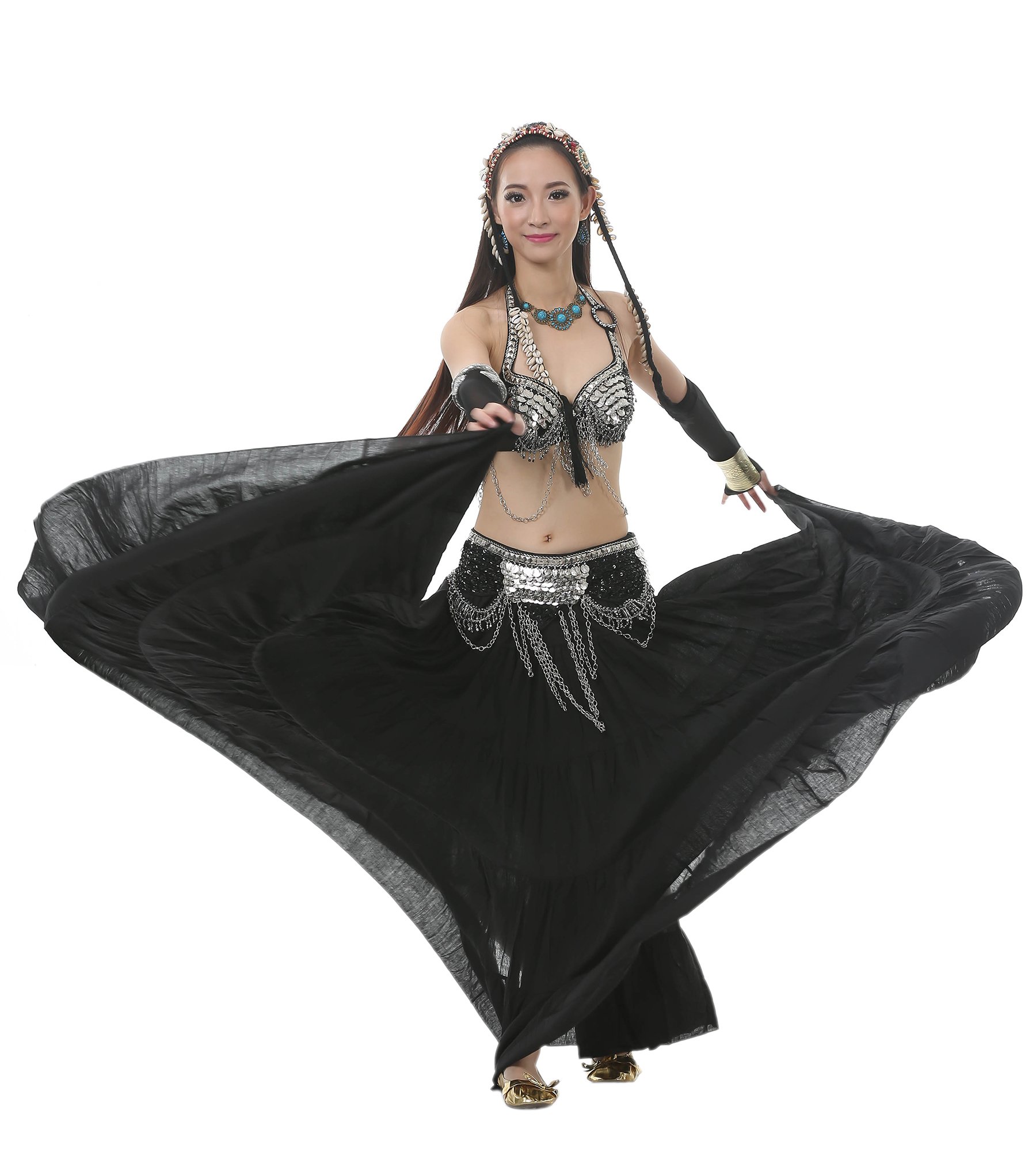 Astage Woman Belly Dance Full Circle Maxi Trible Skirts Linen Bohe Dress Black