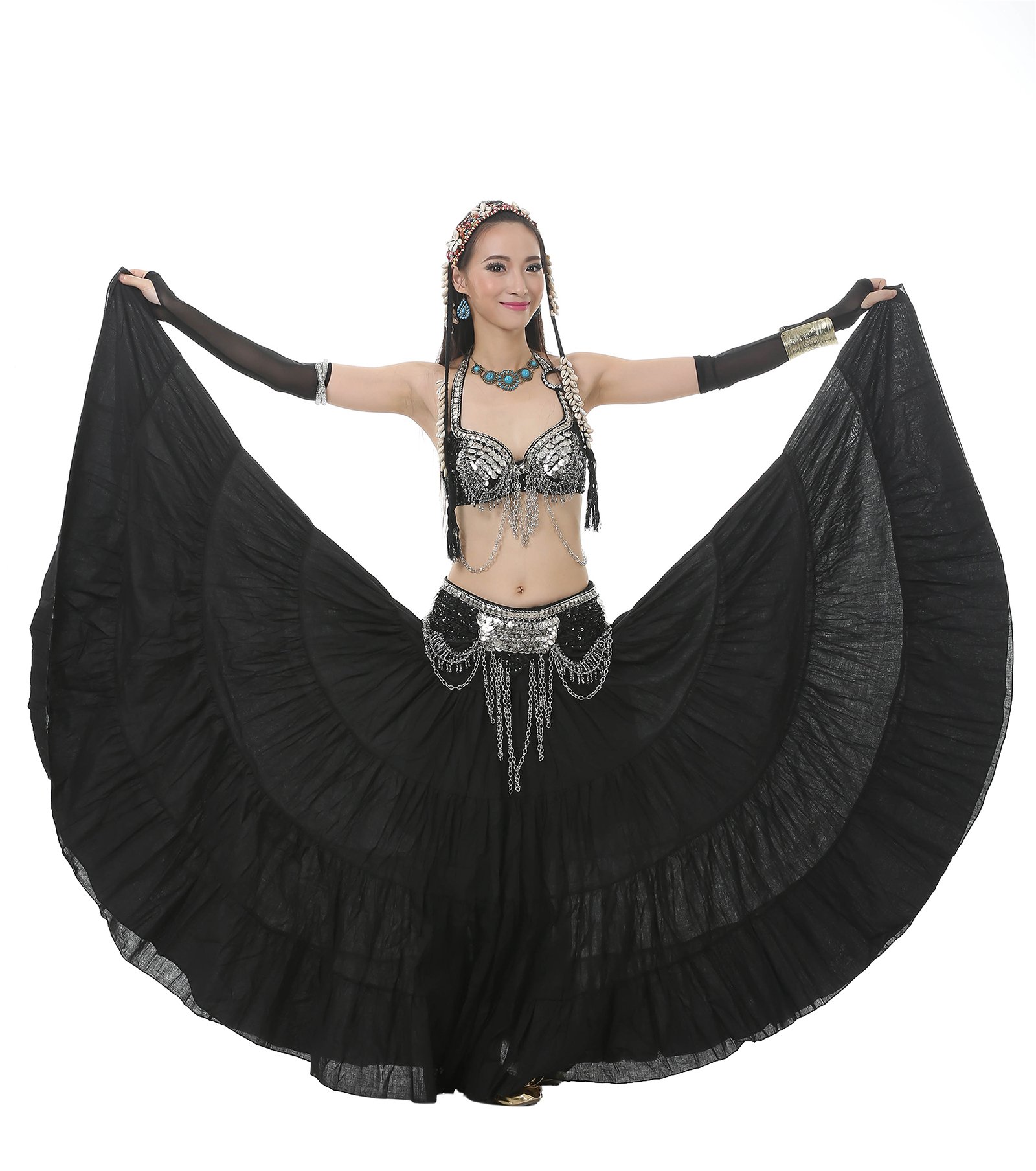 Astage Woman Belly Dance Full Circle Maxi Trible Skirts Linen Bohe Dress Black