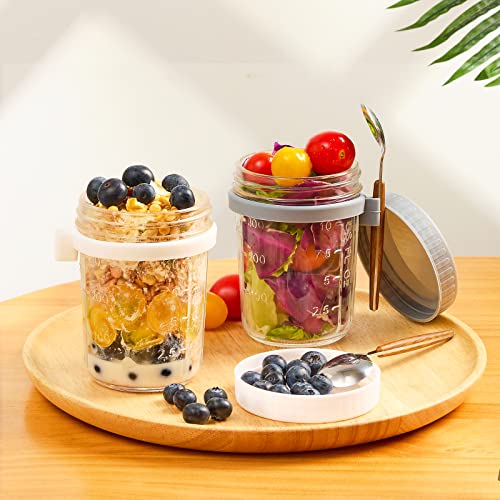 Overnight Oats Jars, Overnight Oats Container with Lids and Spoon 10 oz [2 Pack], Airtight Glass Jars with Measurement Marks, Glass Canisters Hold Yogurt, Nuts and Fruit Salad & More