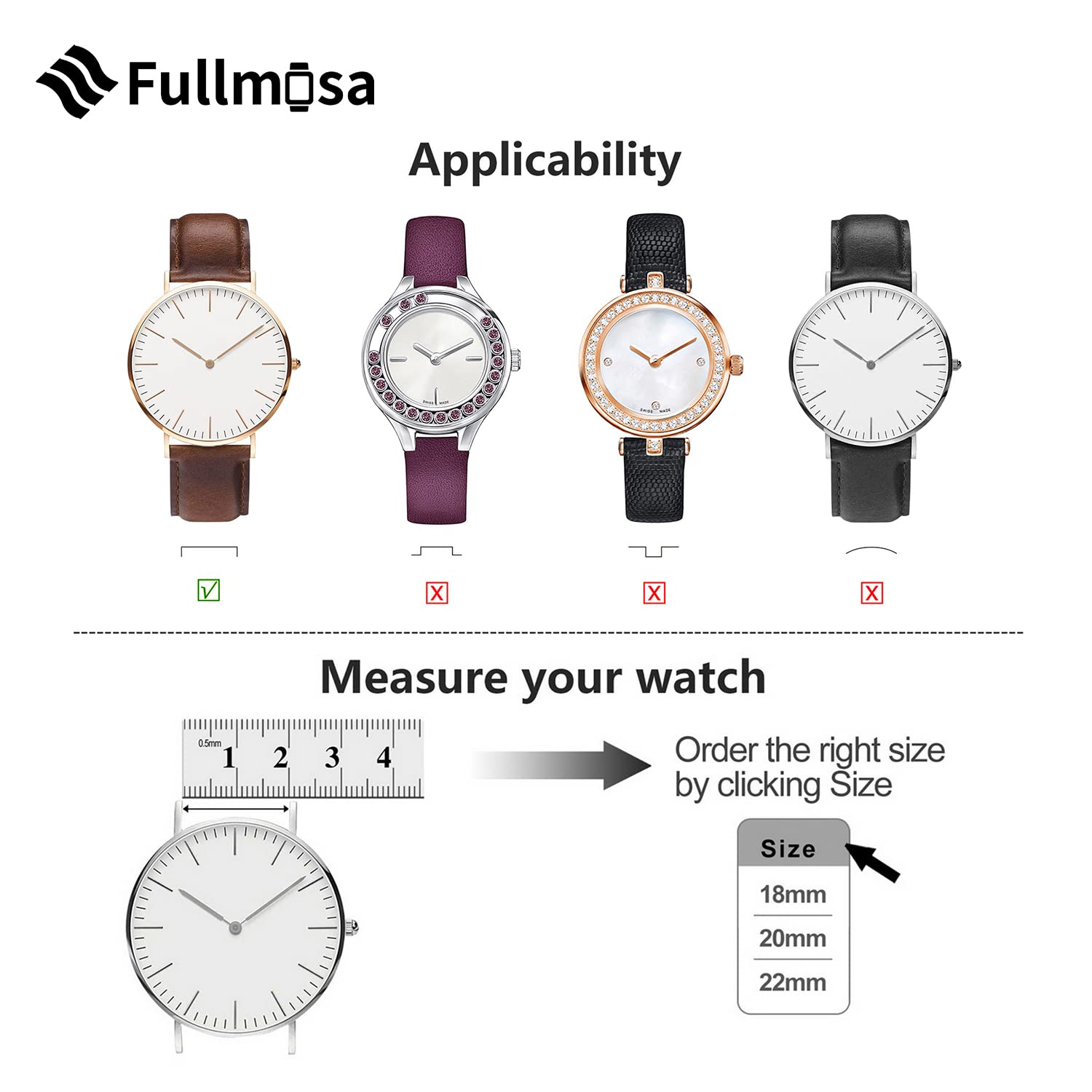 Fullmosa Watch Band, Vintage Leather Replacement Bands Stainless Steel Buckle for Men Women, Strap Width 14mm 16mm 18mm 19mm 20mm 22mm 24mm