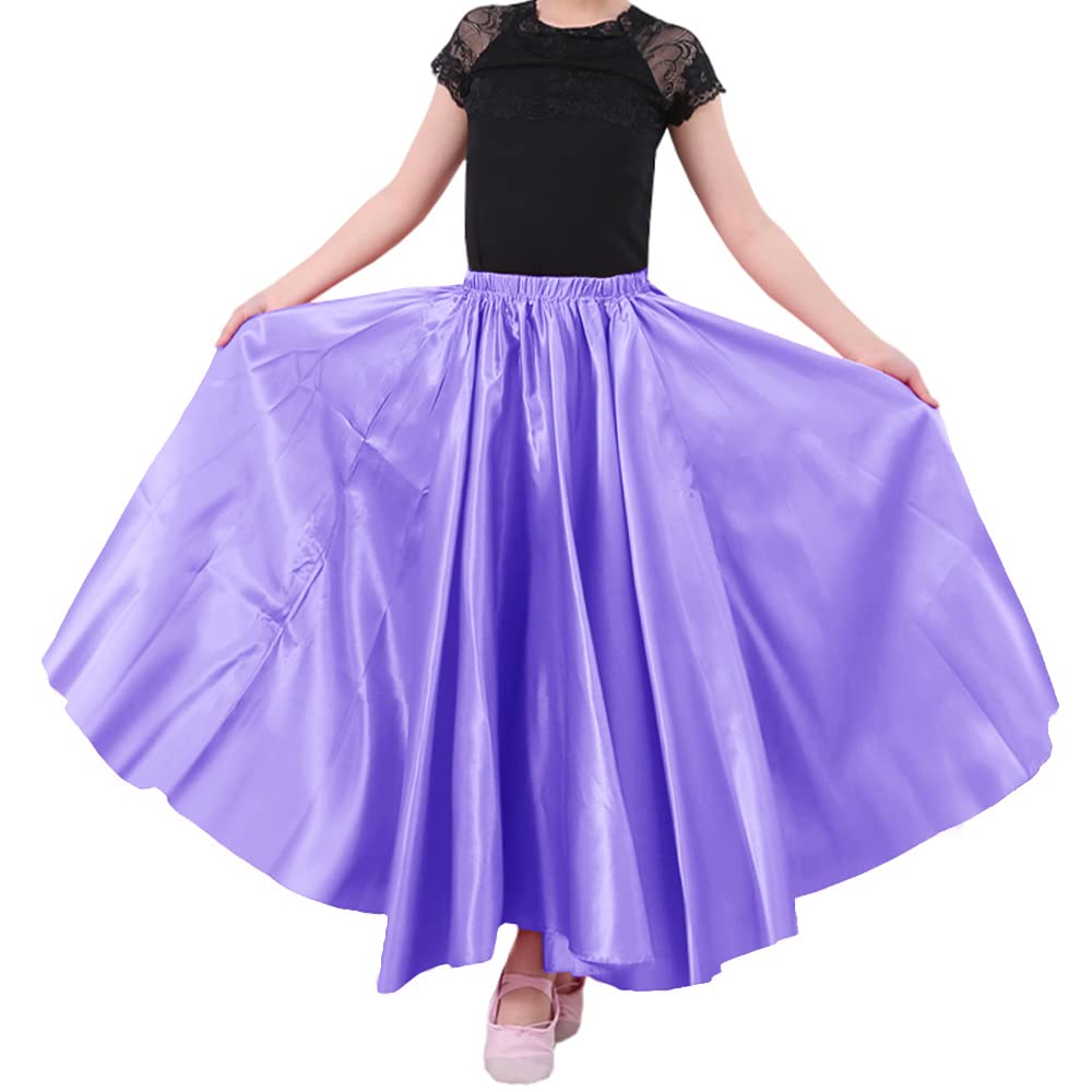 Long Full Ankle Length Satin Flowy Folkloric Latin Belly Dance Umbrella Skirt for Girls 8-12 Years (Violet)