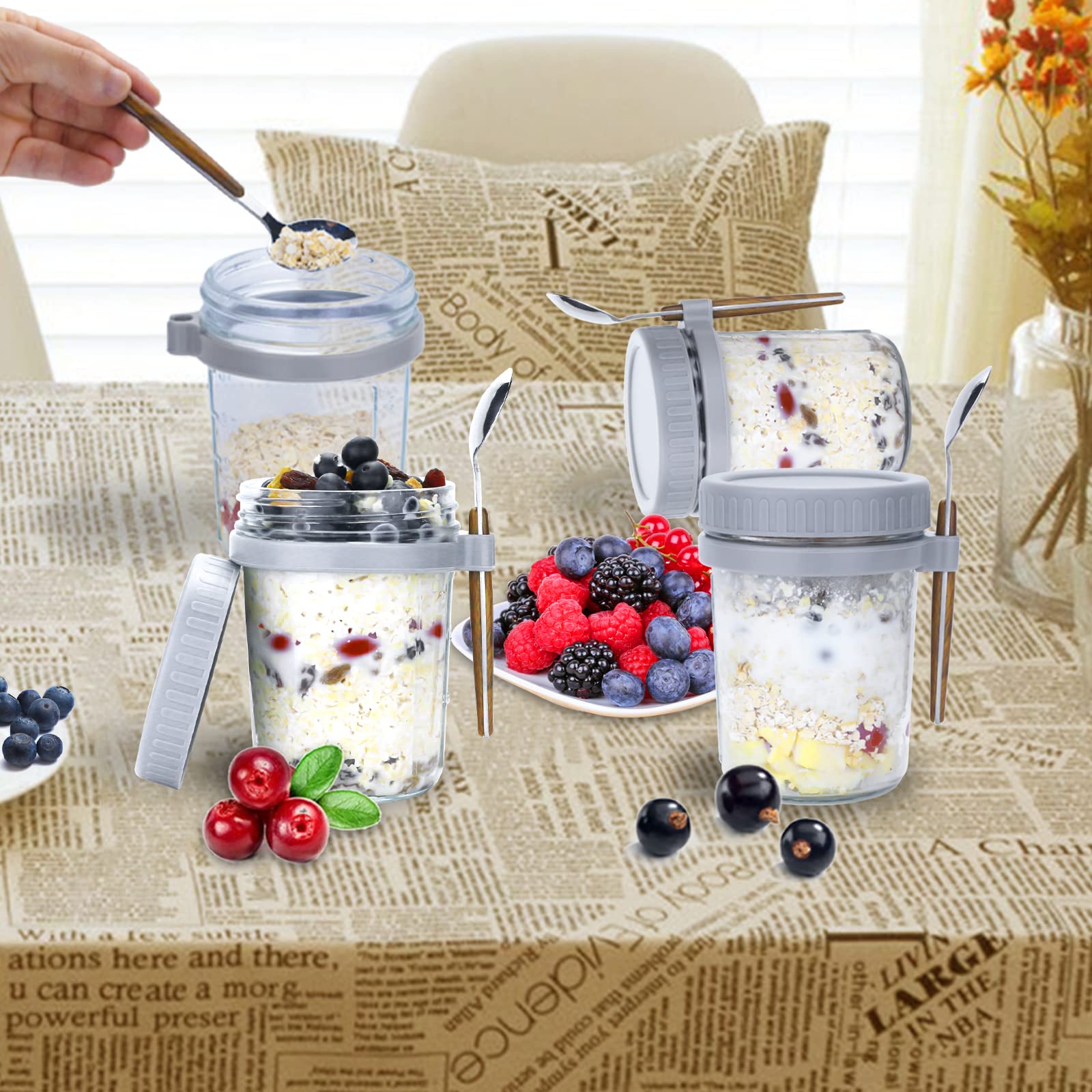 LEFIMOT Overnight Oats Containers with Lids, Spoons, 4 Pack Oats Jars 12 oz Reusable Large Capacity Airtight Oatmeal Container with Measurement Marks for Cereal Yogurt, Milk, Salads, Fruit(Grey)