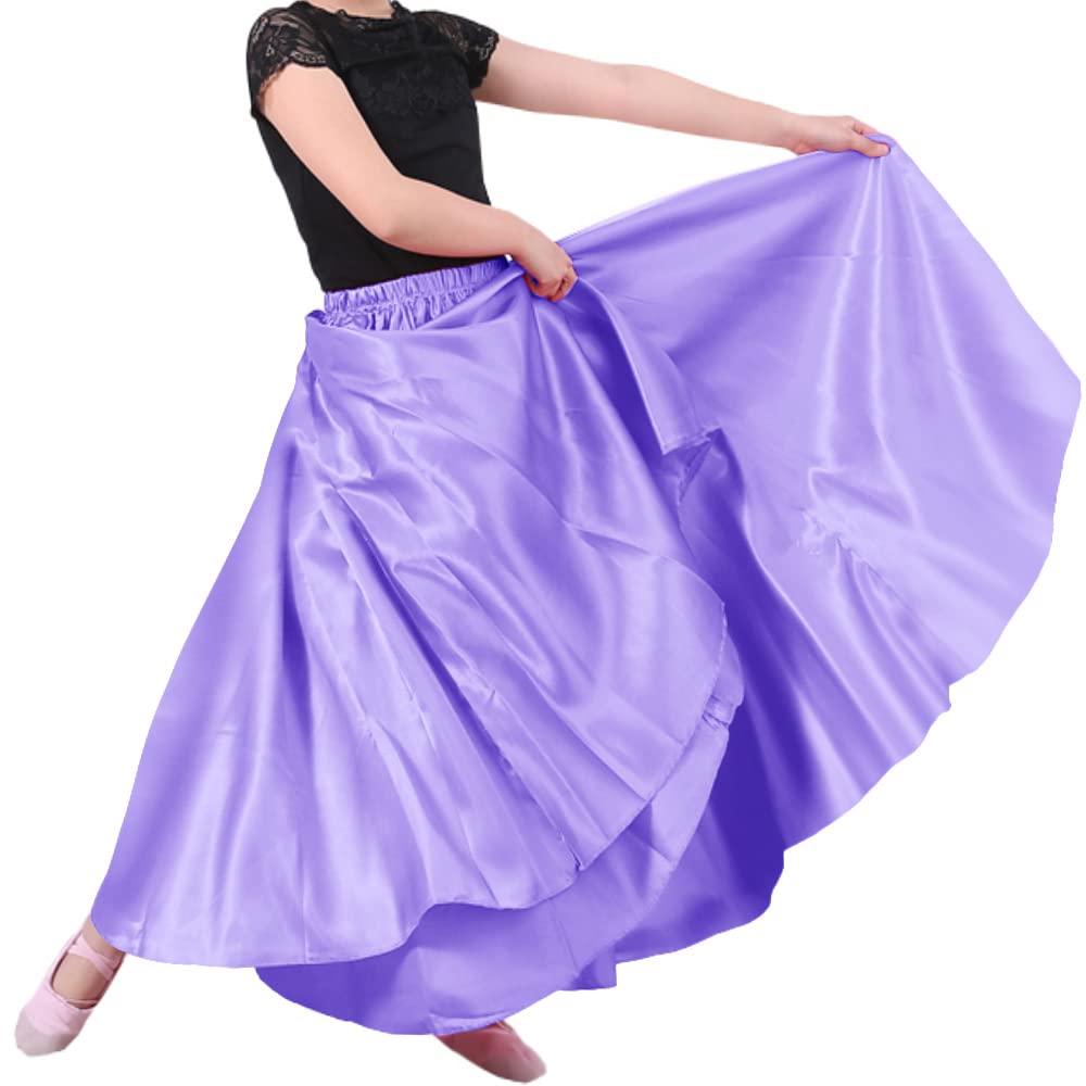 Long Full Ankle Length Satin Flowy Folkloric Latin Belly Dance Umbrella Skirt for Girls 8-12 Years (Violet)