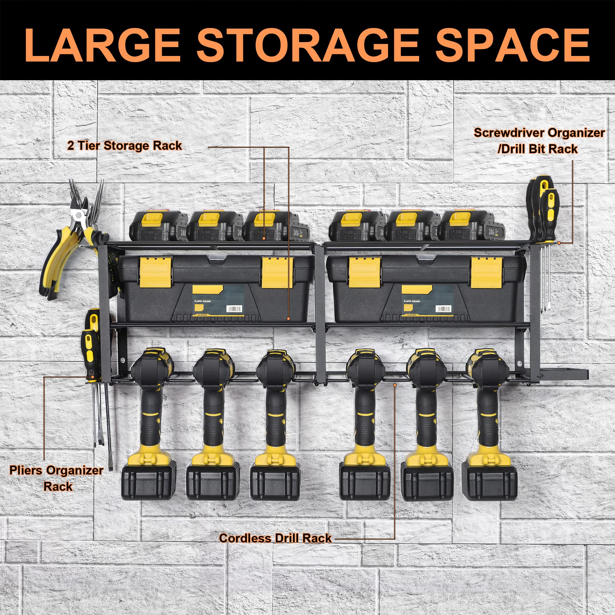 Tuenort Power Tool Organizer with 6 Drill Holders,Garage Tool Organizers and Storage Rack, Power Tool Holder Wall Mounted,Heavy Duty Metal Tool Shelf,Separate Tool Rack Christmas Gift for Men Dad