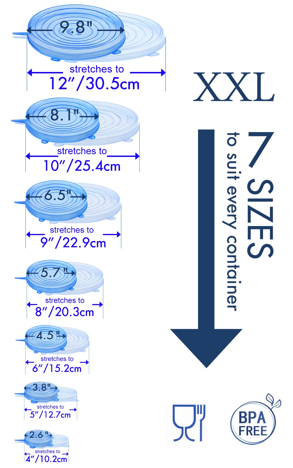 longzon Silicone Stretch Lids 14 Pack Include 2Pcs XXL Size up to 9.8'' Diameter, Reusable Durable Food Storage Covers for Bowl, 7 Different Sizes to Meet Most Containers, Dishwasher & Freezer Safe