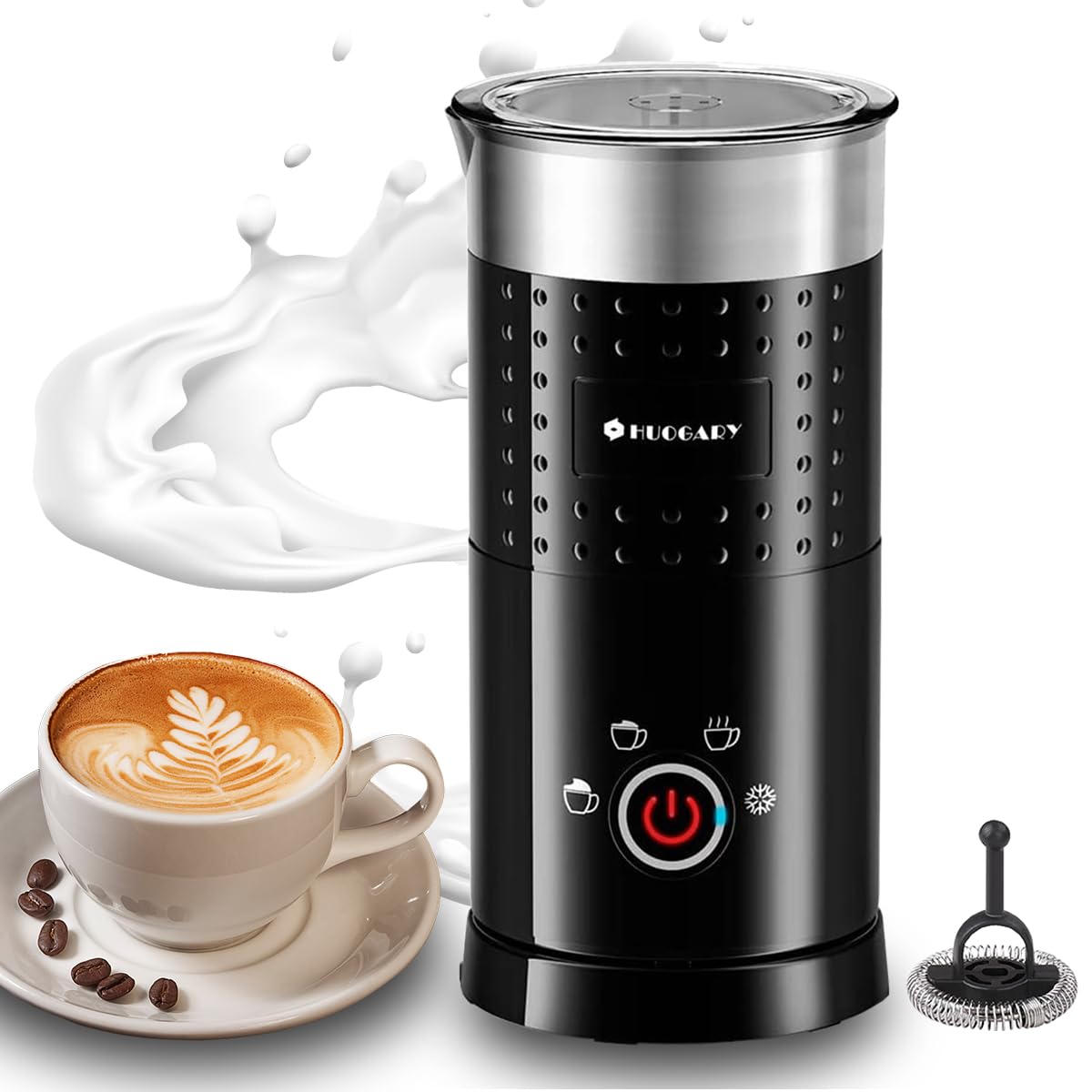 Huogary Electric Milk Frother and Steamer - 4 In 1 Automatic Milk Steamer,300ml/10.1oz Hot& Cold Foam Maker and Milk Warmer For Latte,Cappuccinos,Macchiato,Silent Working,Black,120V