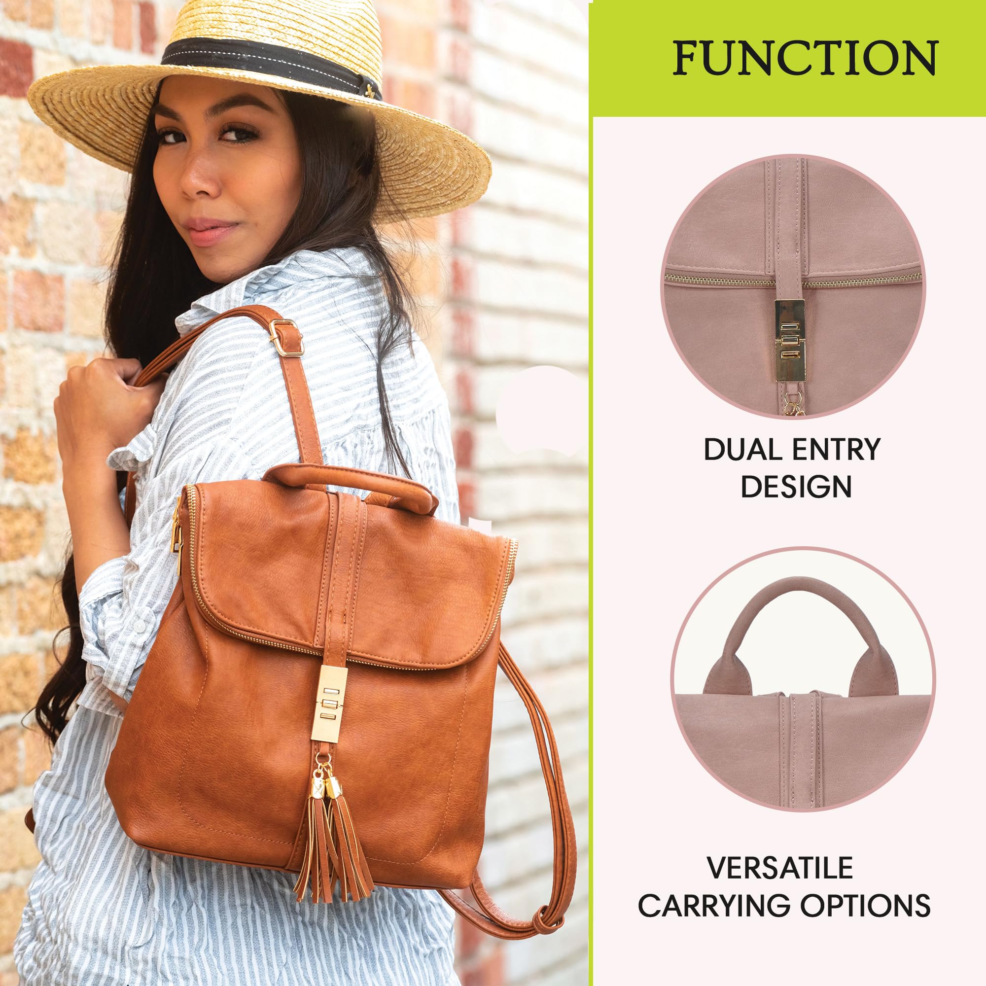 Miztique Diana Backpack Purse | Soft Vegan Leather Flap Over Tote Bag | 11L x 5.25W x 12H (Blush)