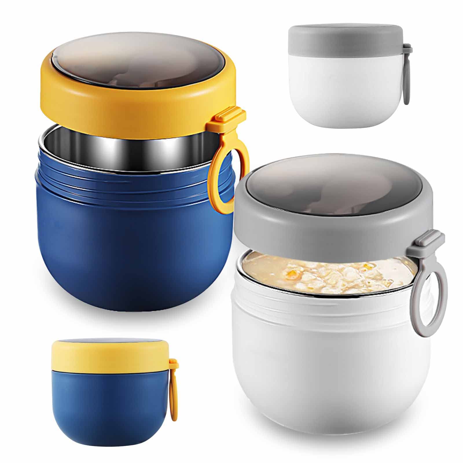 2 Pcs Overnight Oats Containers with Lids and Spoon, 20oz Portable Stainless Steel Inside Overnight Oats Jars Insulated Food Jar, Leak-proof Large Capacity Cups for Milk, Cereal, Soup (White and Blue)